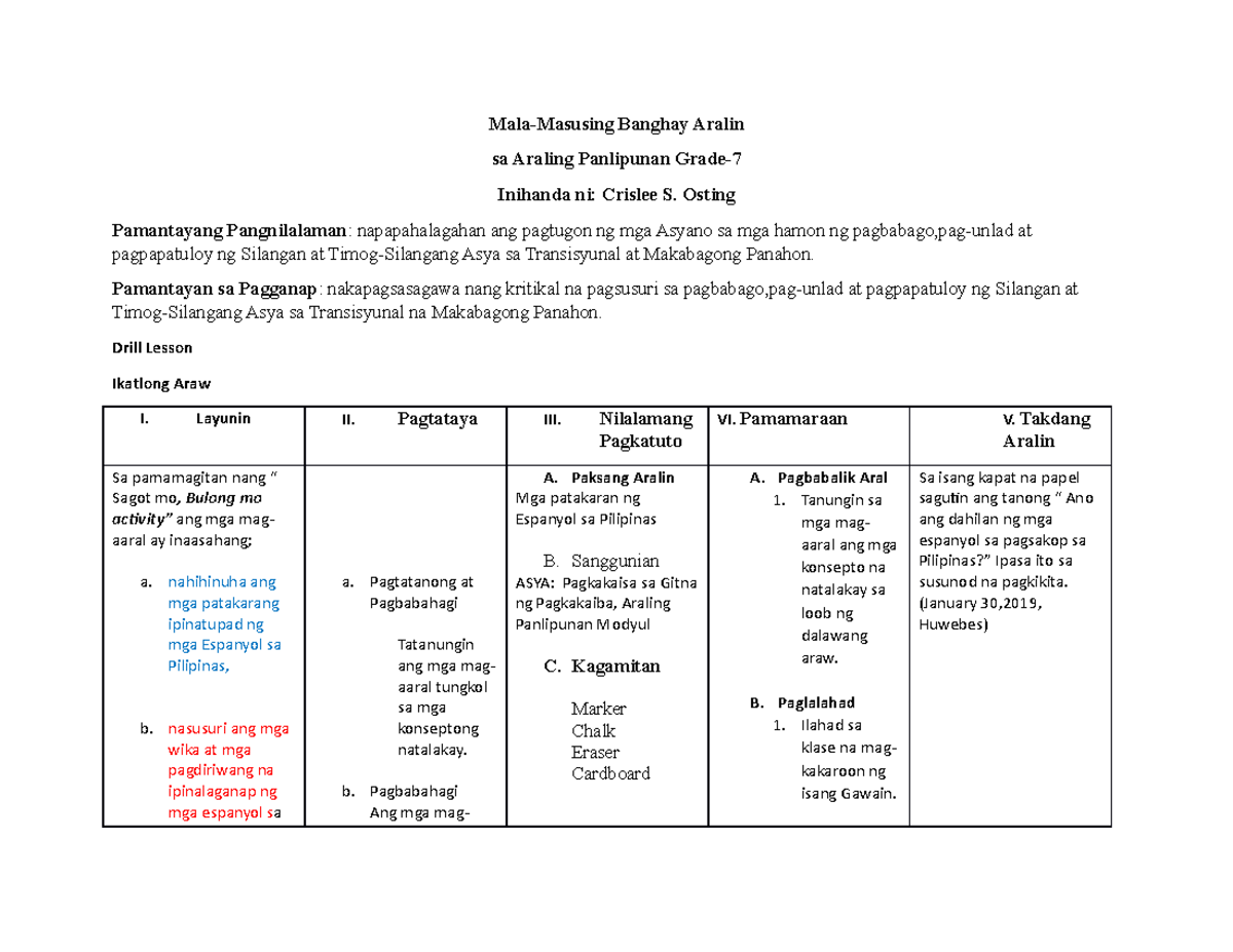 Lp3-Drill-Lesson Plan: Pagtugon ng mga Asyano sa mga Hamon ng Pagbabago ...