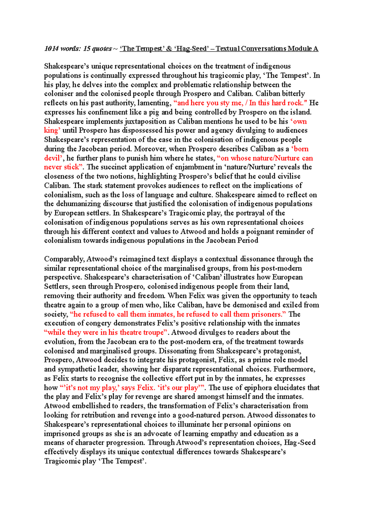 Module A - Essay - 1014 words: 15 quotes ~ ‘The Tempest’ & ‘Hag-Seed ...