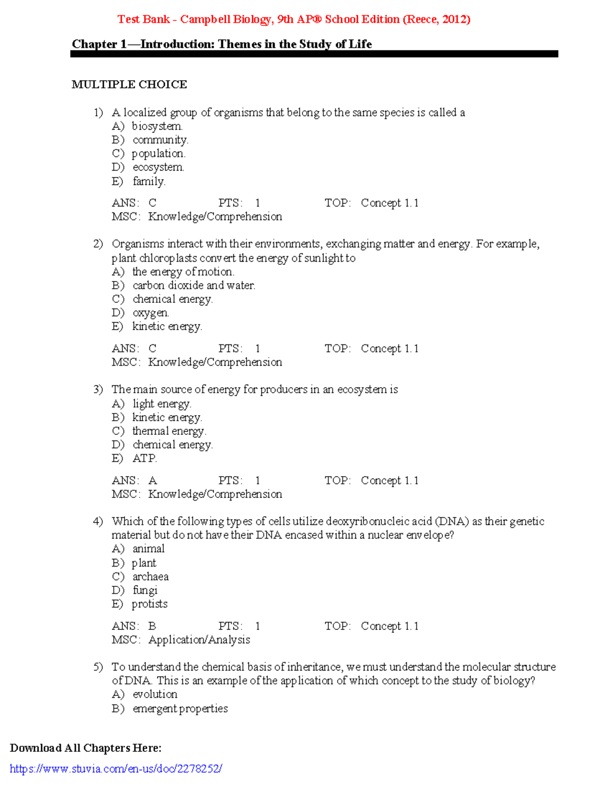 Test Bank - Campbell Biology 9th AP - Chapter 1: Themes in Life - Studocu