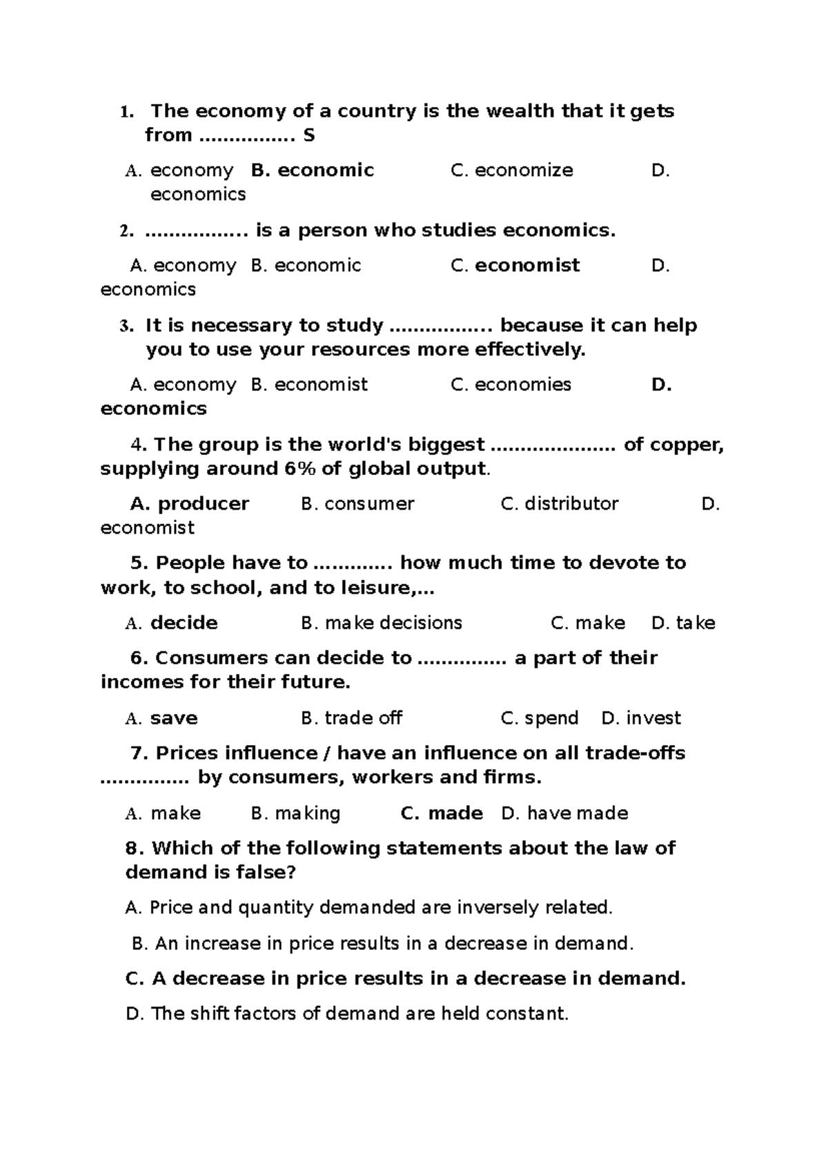ECO 101: Economics Quiz on Key Concepts and Definitions - Studocu