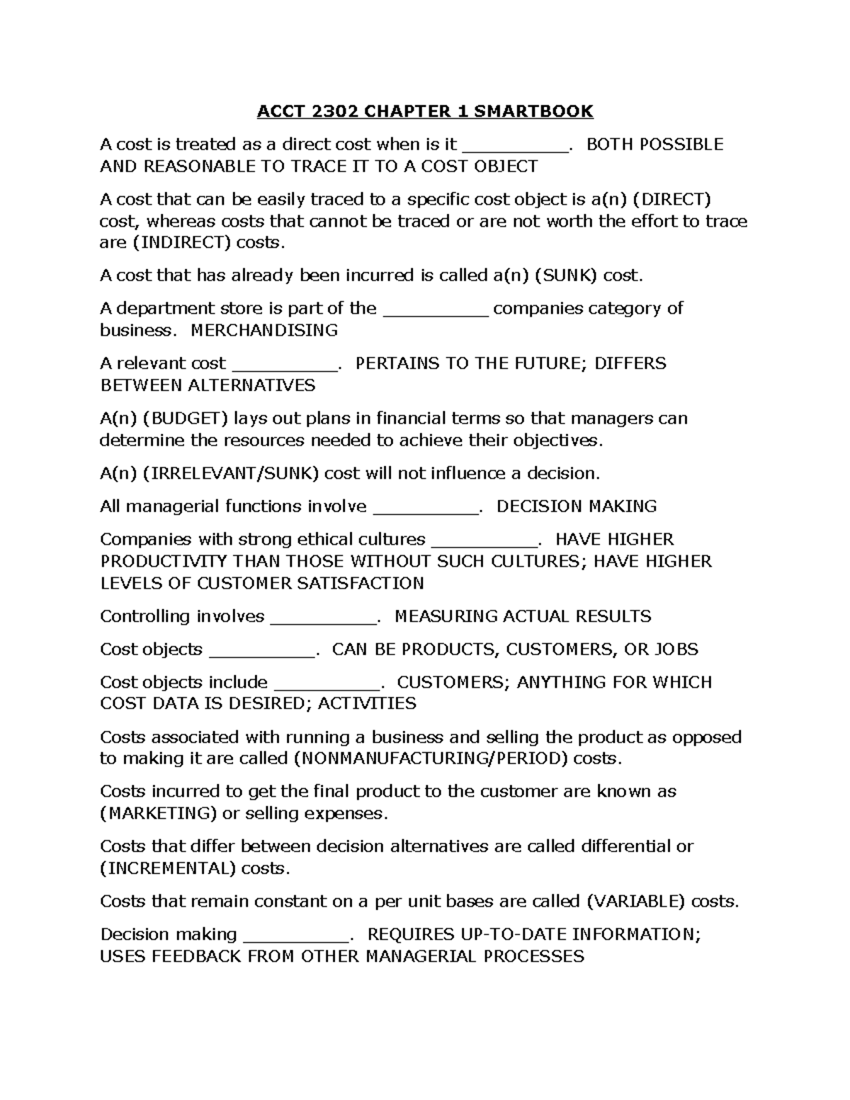 ACCT 2302 Chapter 1 Smart Book - ACCT 2302 CHAPTER 1 SMARTBOOK A cost ...