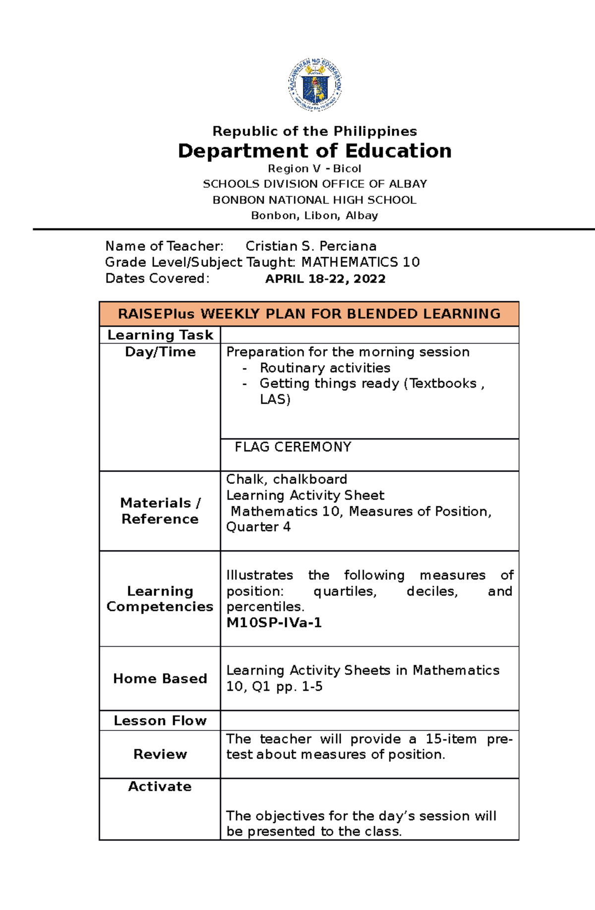 Raiseplus Weekly PLAN FOR Blended Learning 1 - Republic of the Philippines Department of ...