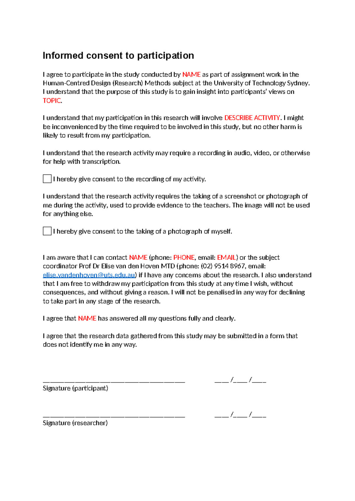 Design (Research) Methods: Informed Consent Template - Studocu