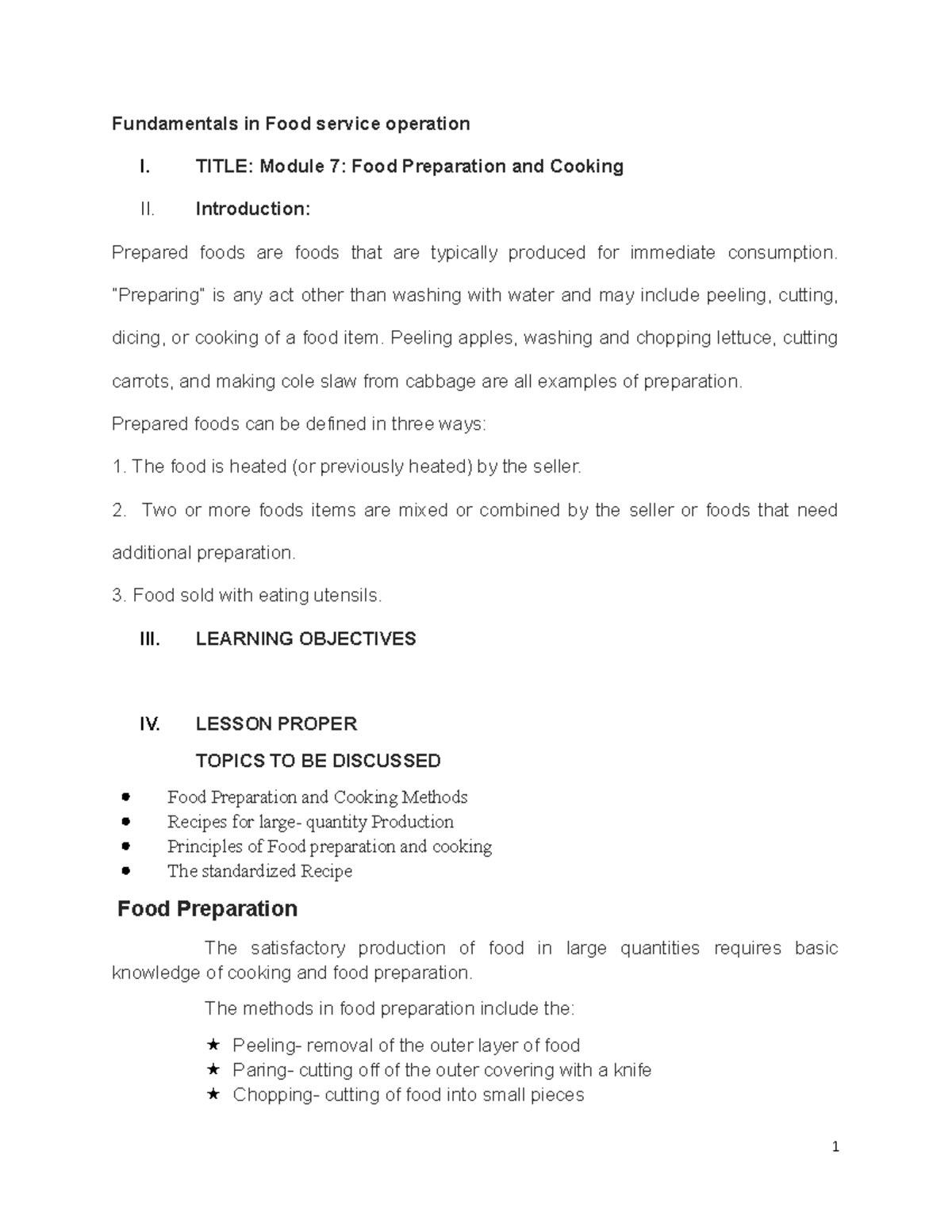 Food Preparation and cooking Module - Fundamentals in Food service ...