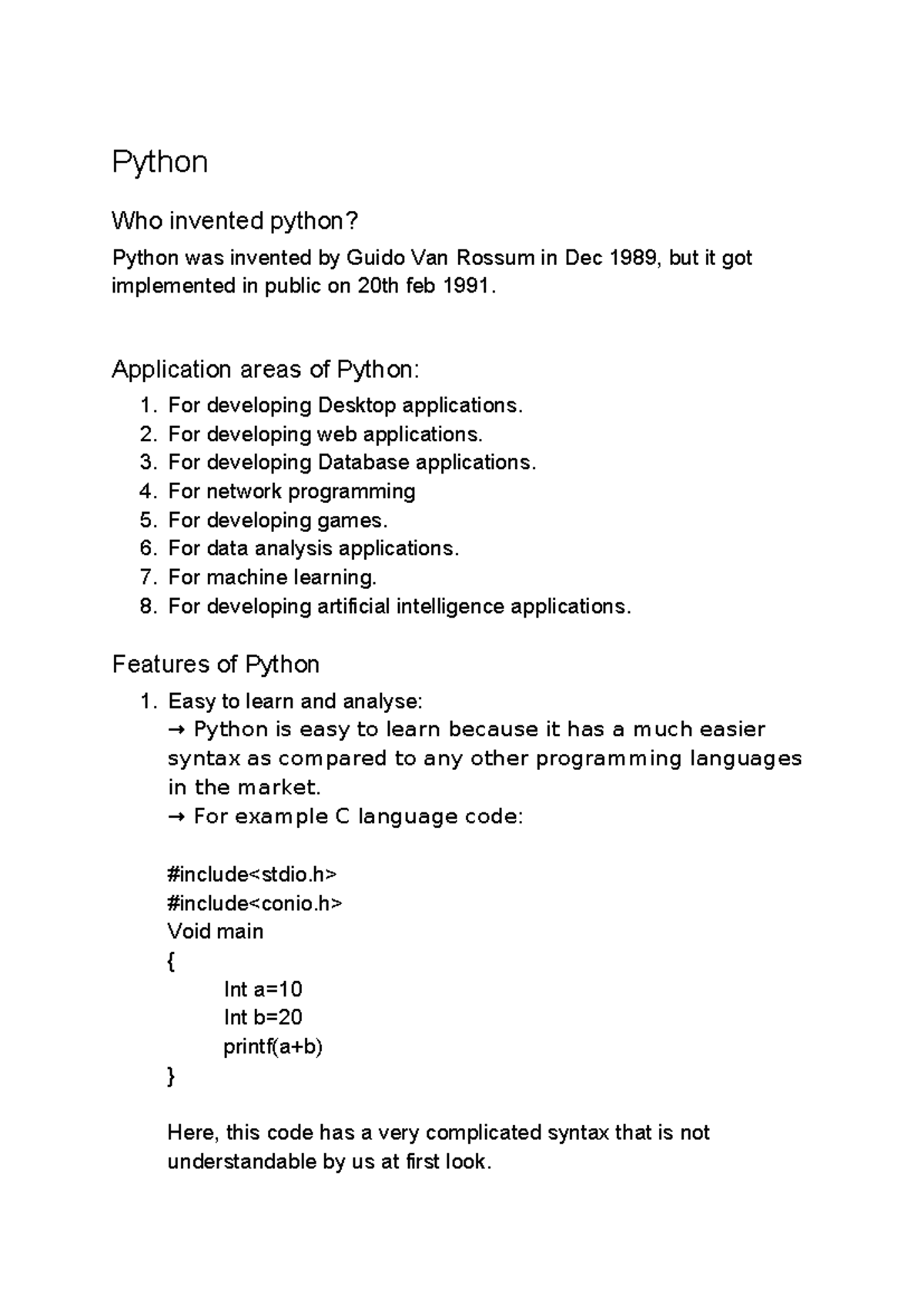 Python Programming Notes: History, Features, and Applications - Studocu