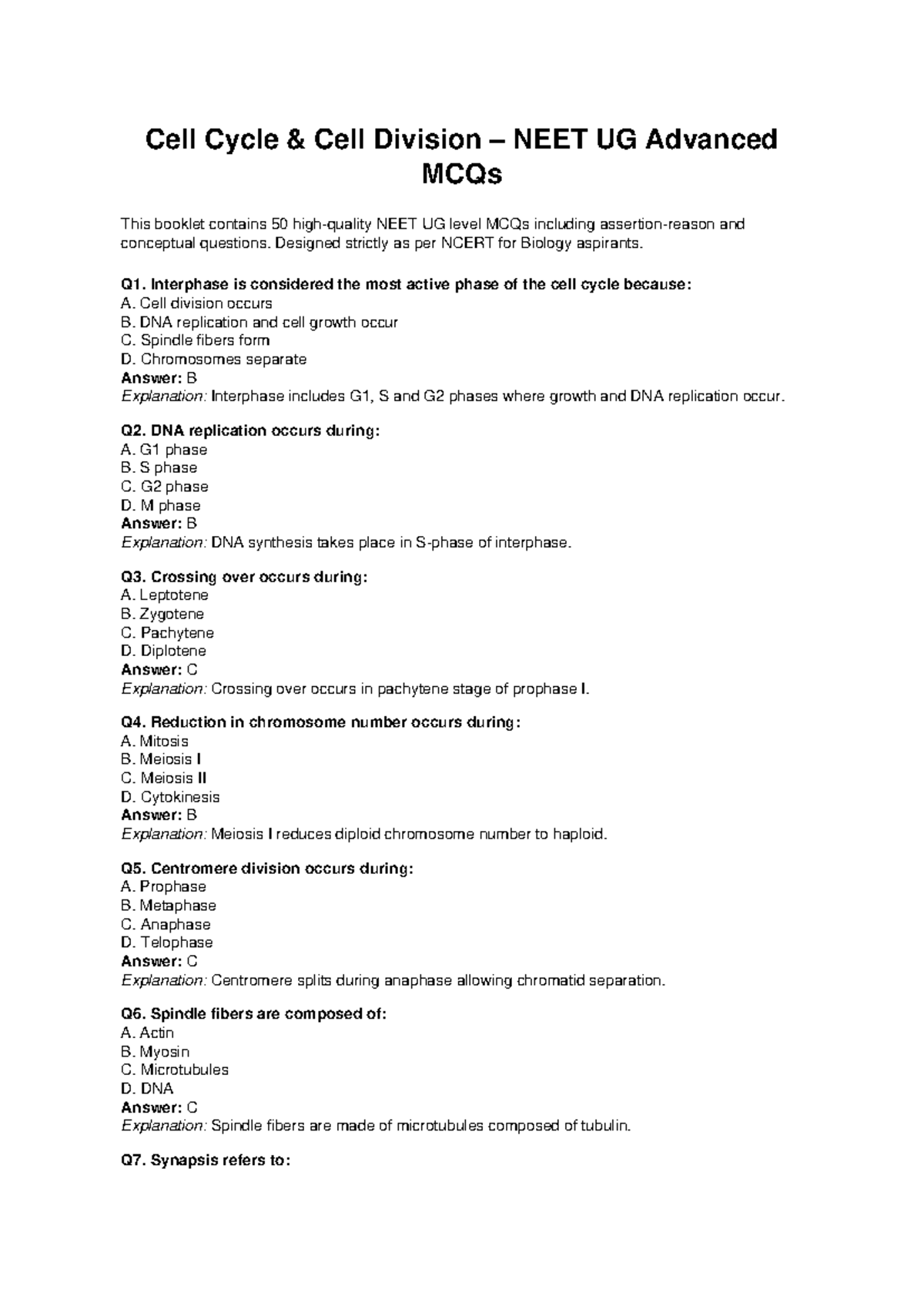Cell Cycle & Cell Division: 50 NEET UG MCQs with Explanations - Studocu