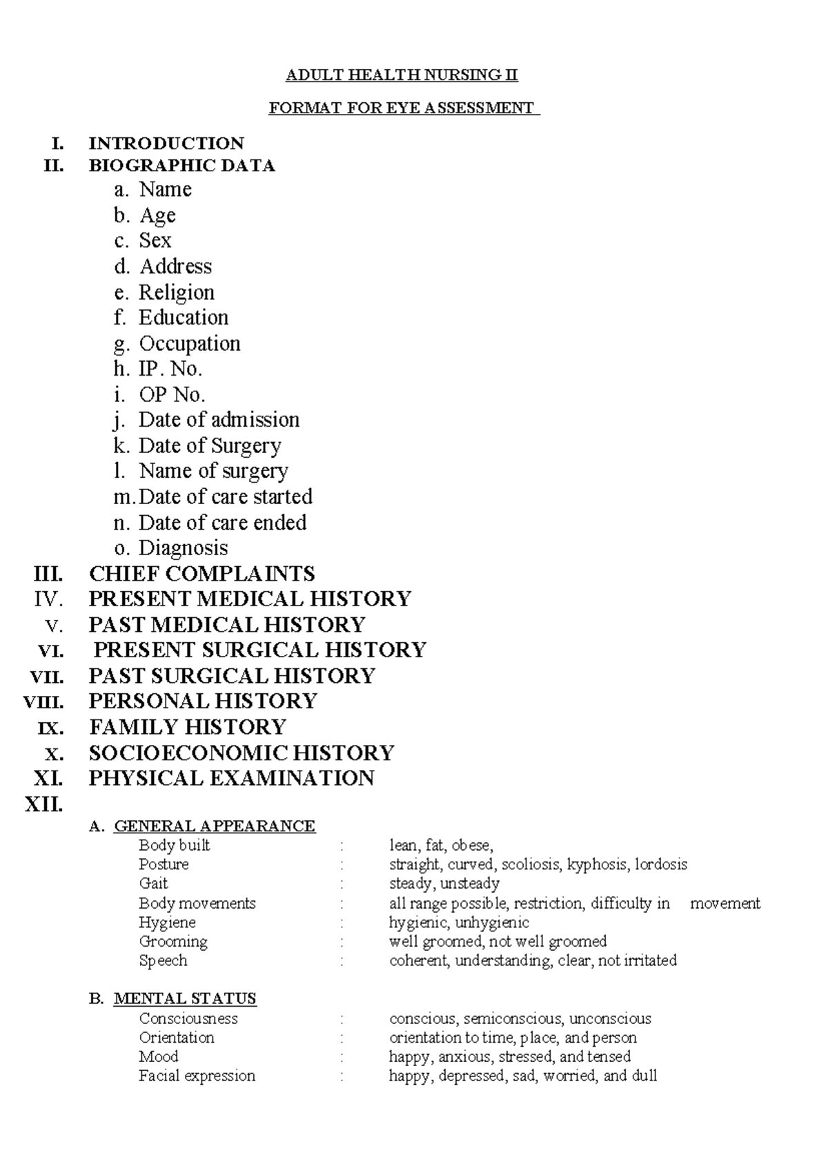 AHN II Practical Assessment Format: Eye Assessment in Clinics - Studocu