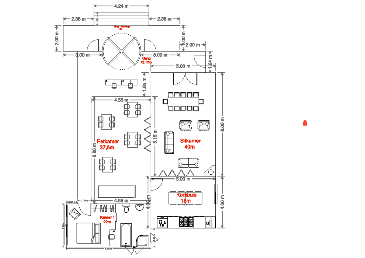 Taak - Design - 4 m 2 m 2 m Stoep Ontvangs T 18m E 00 2 m 3 m 3 m Gang ...