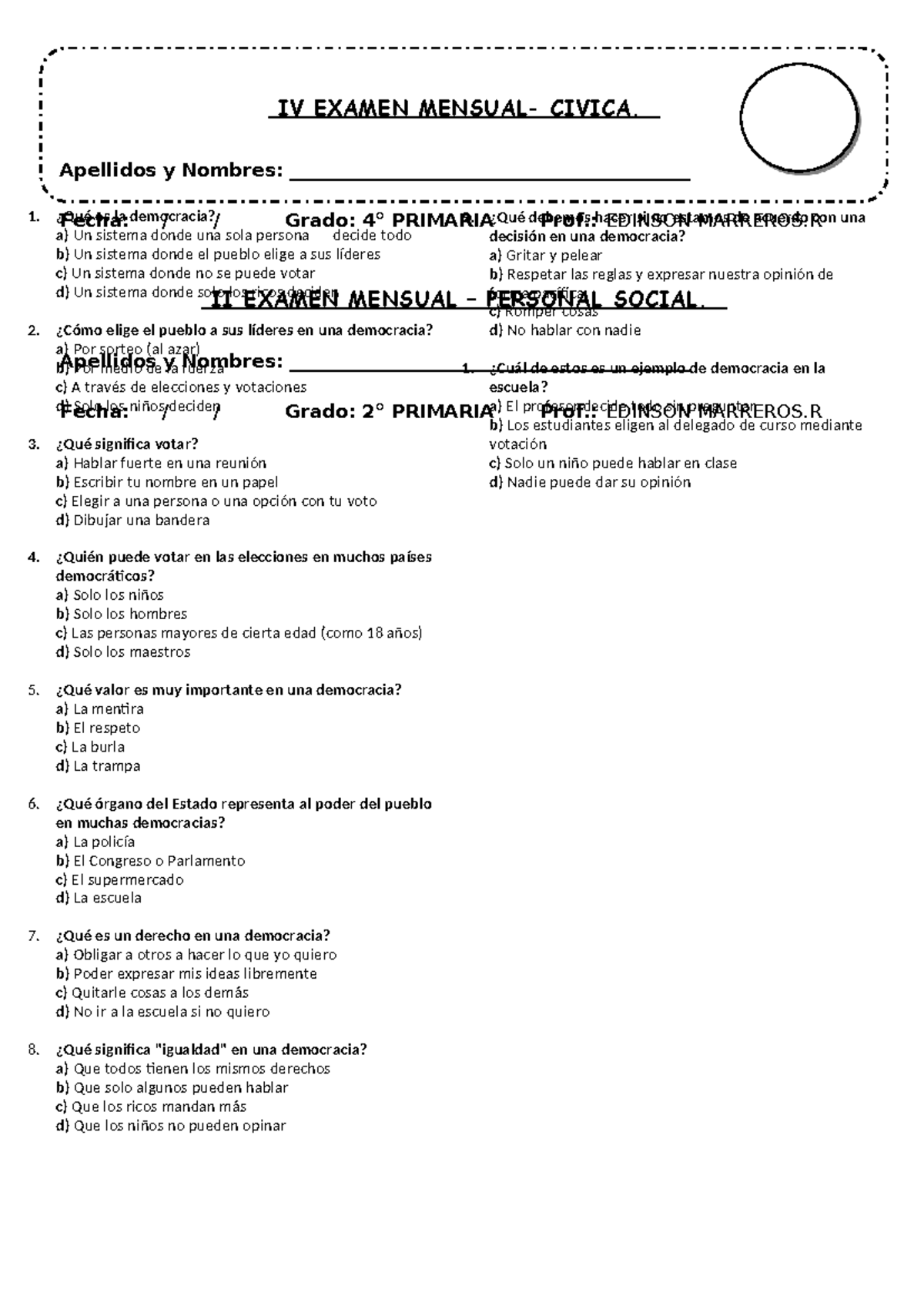 IV EXAMENES DE PRIMARIA: CIVICA, HISTORIA, CIENCIA Y RELIGION - Studocu