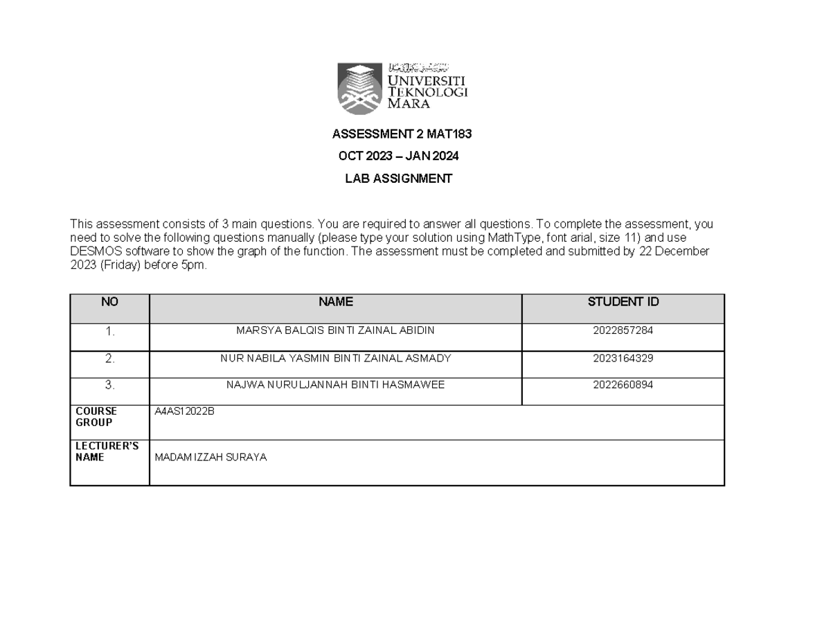 Assessment MAT183 - assassment calculus 1 - ASSESSMENT 2 MAT OCT 2023 ...