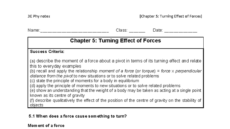 3E Physics Notes: Chapter 5 - Turning Effects of Forces - Studocu