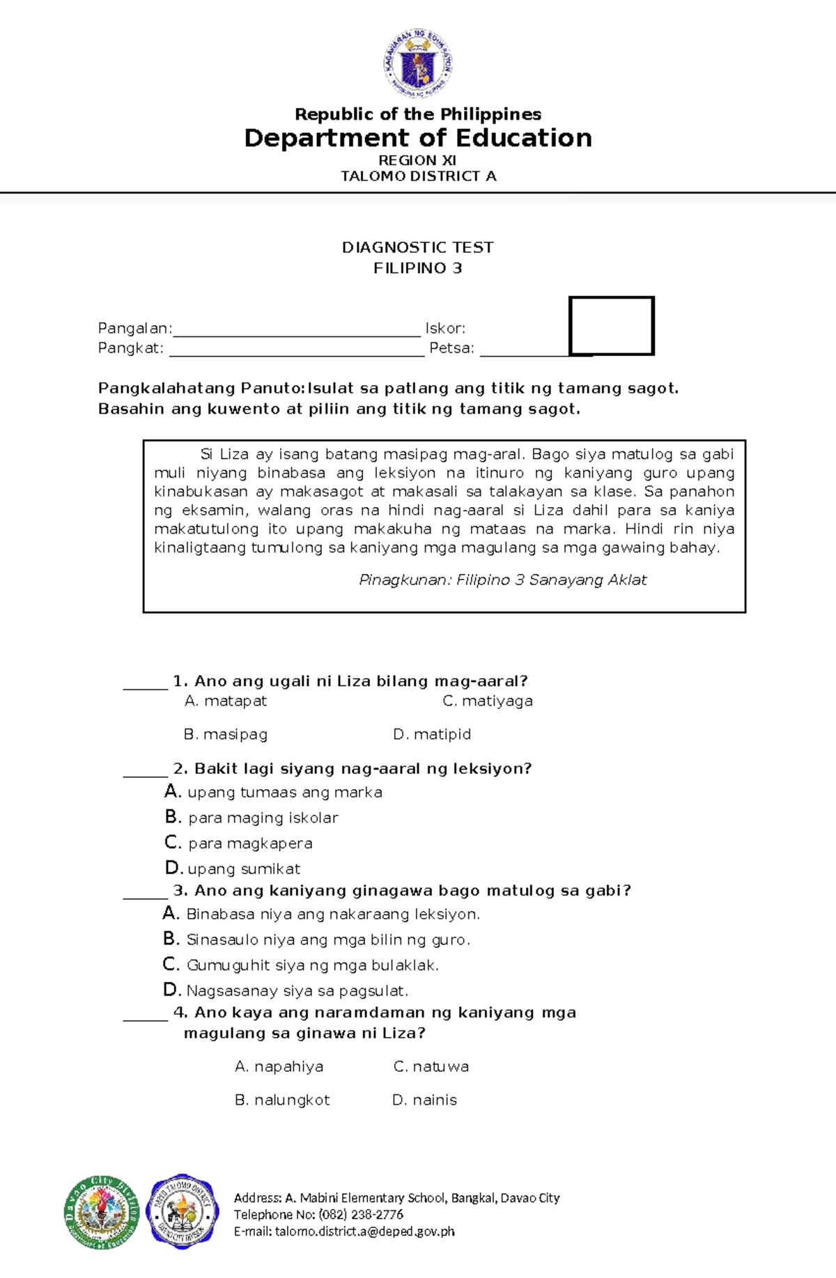 Diagnostic Test for Filipino 3: Assessment and Answers - Studocu