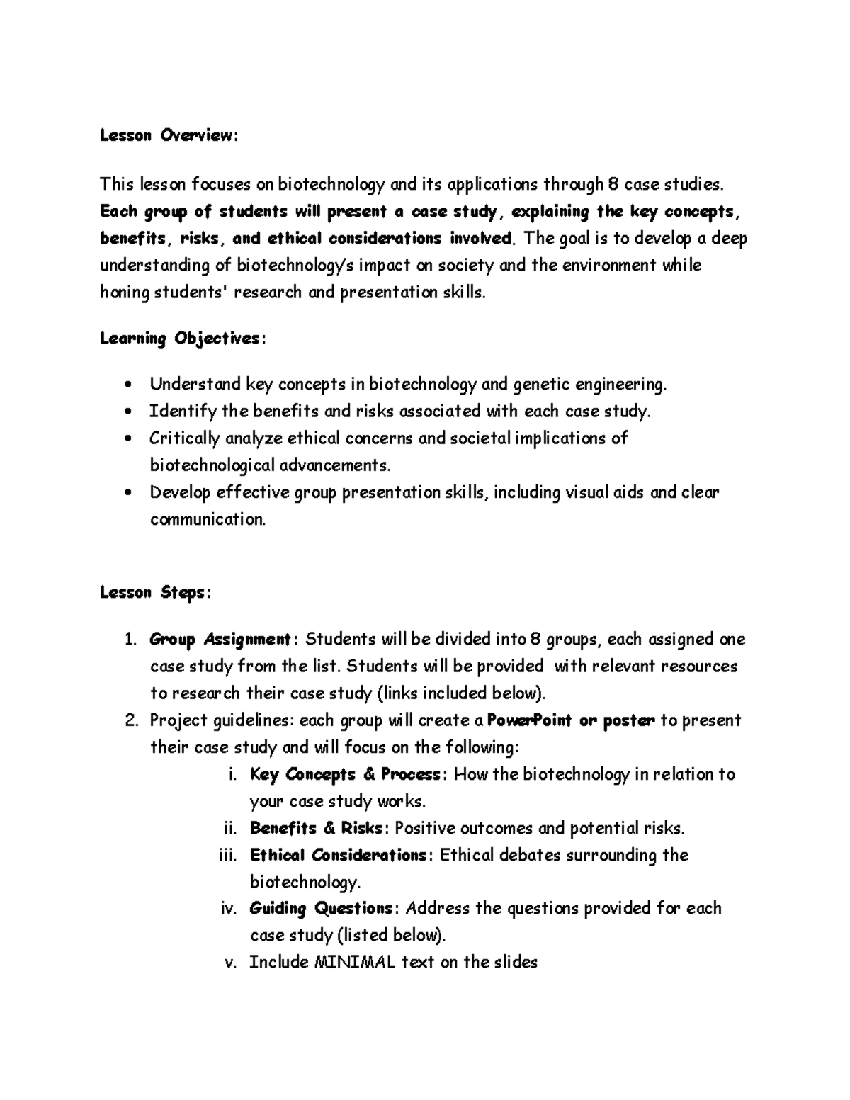 Biotechnology Lesson: Group Case Study Presentations (BIOL-101) - Studocu