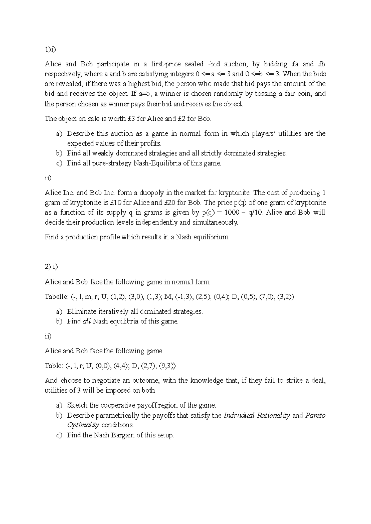 Exam 2018 Problems: Game Theory Analysis of Auctions and Duopolies ...