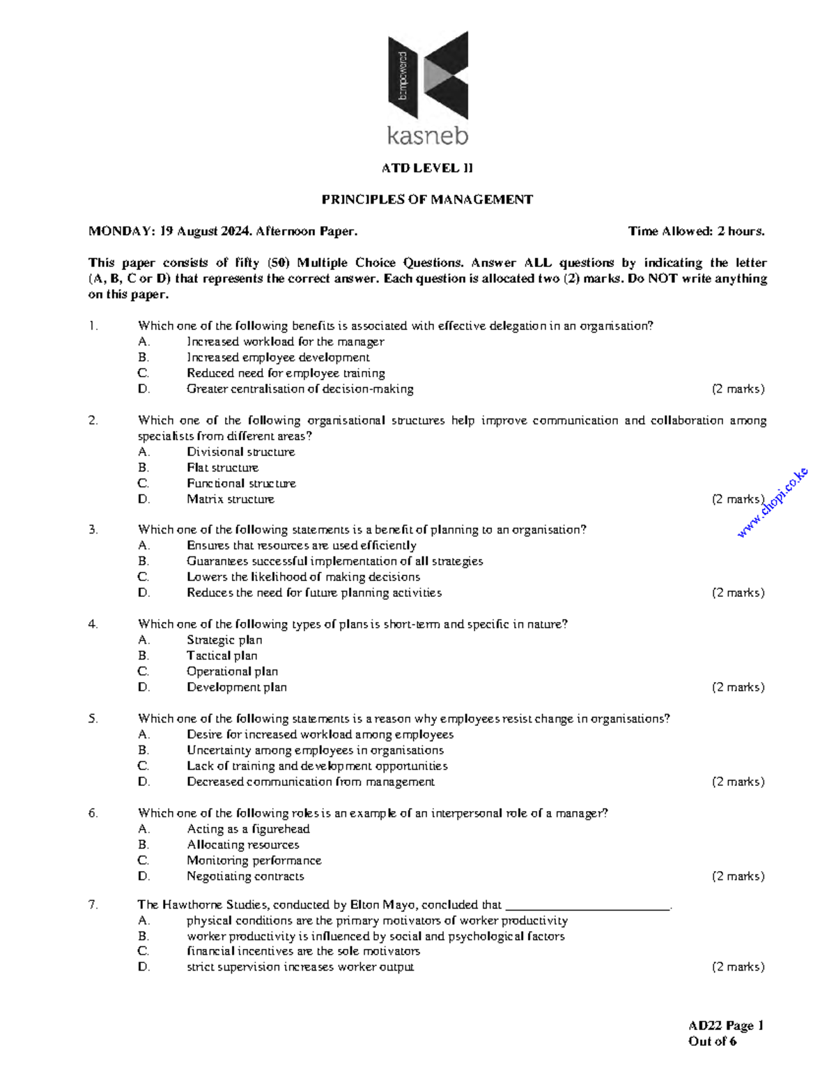 ATD II Principles of Management Past Exam Papers Analysis - Studocu