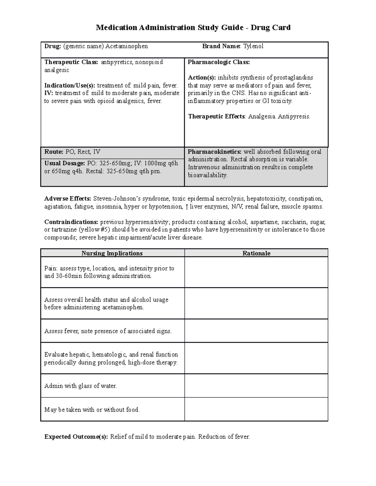 Acetaminophen - Study Sheet - Medication Administration Study Guide ...