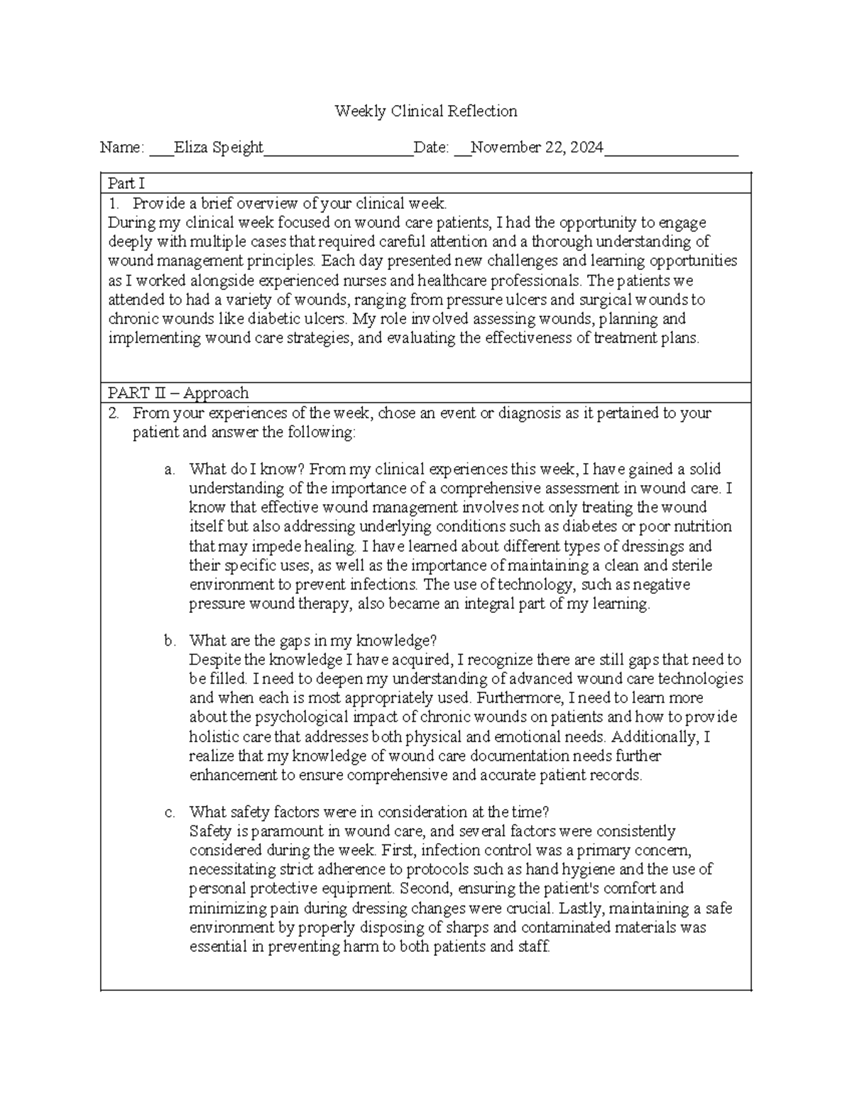 Week 12 Clinical Reflection - Weekly Clinical Reflection Name: Eliza ...