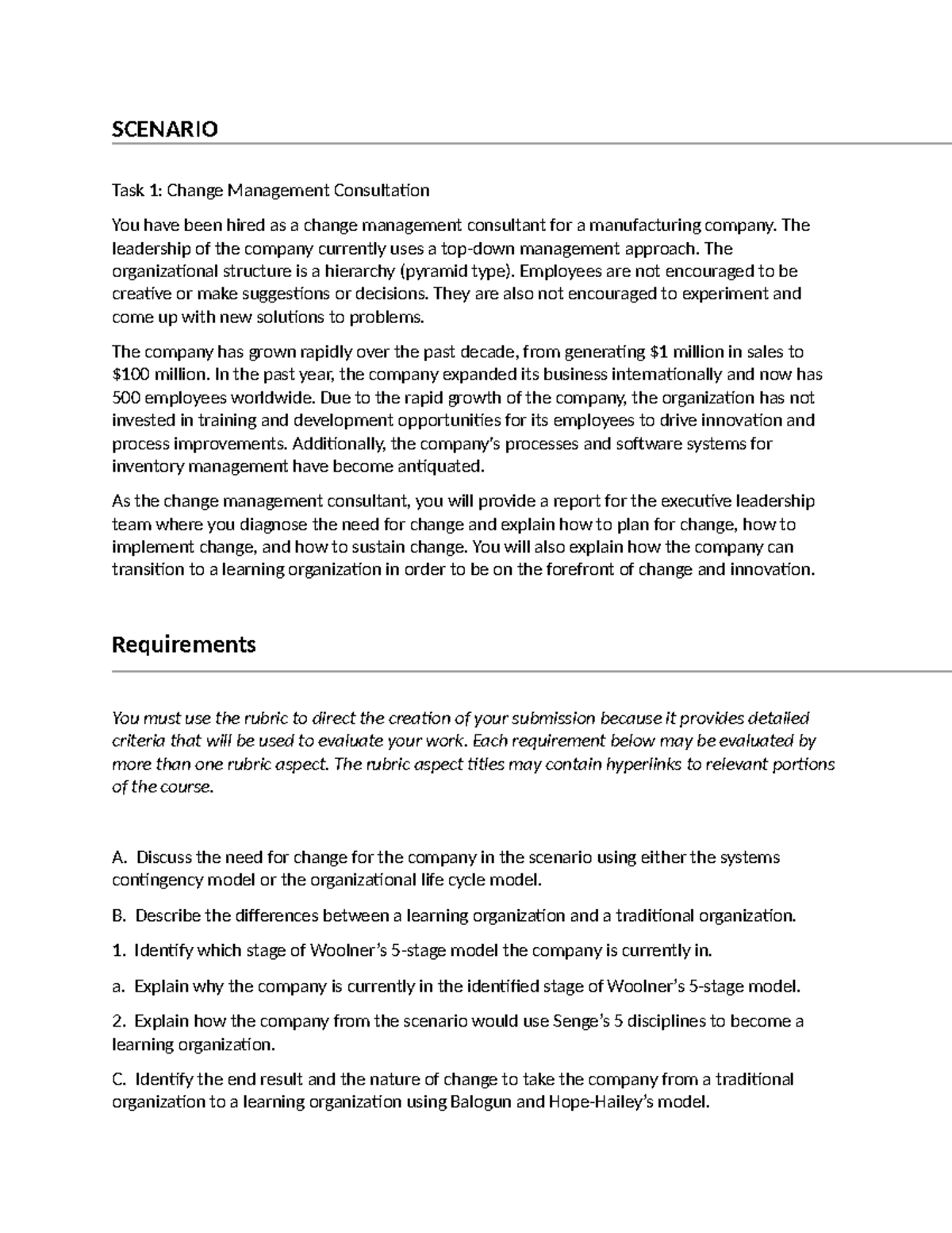 C721 Change Management Consultation: Transitioning to a Learning ...
