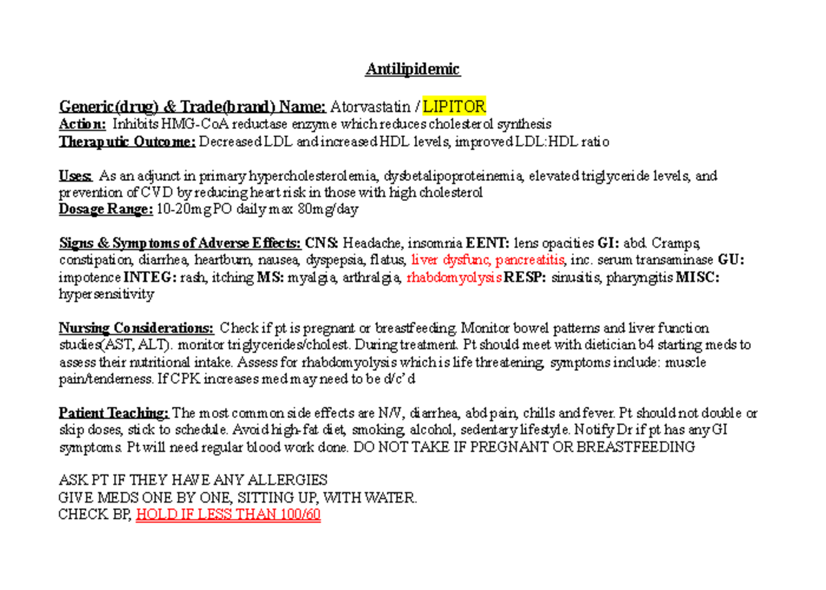 Lipitor (Atorvastatin) Drug Information & Nursing Considerations - Studocu