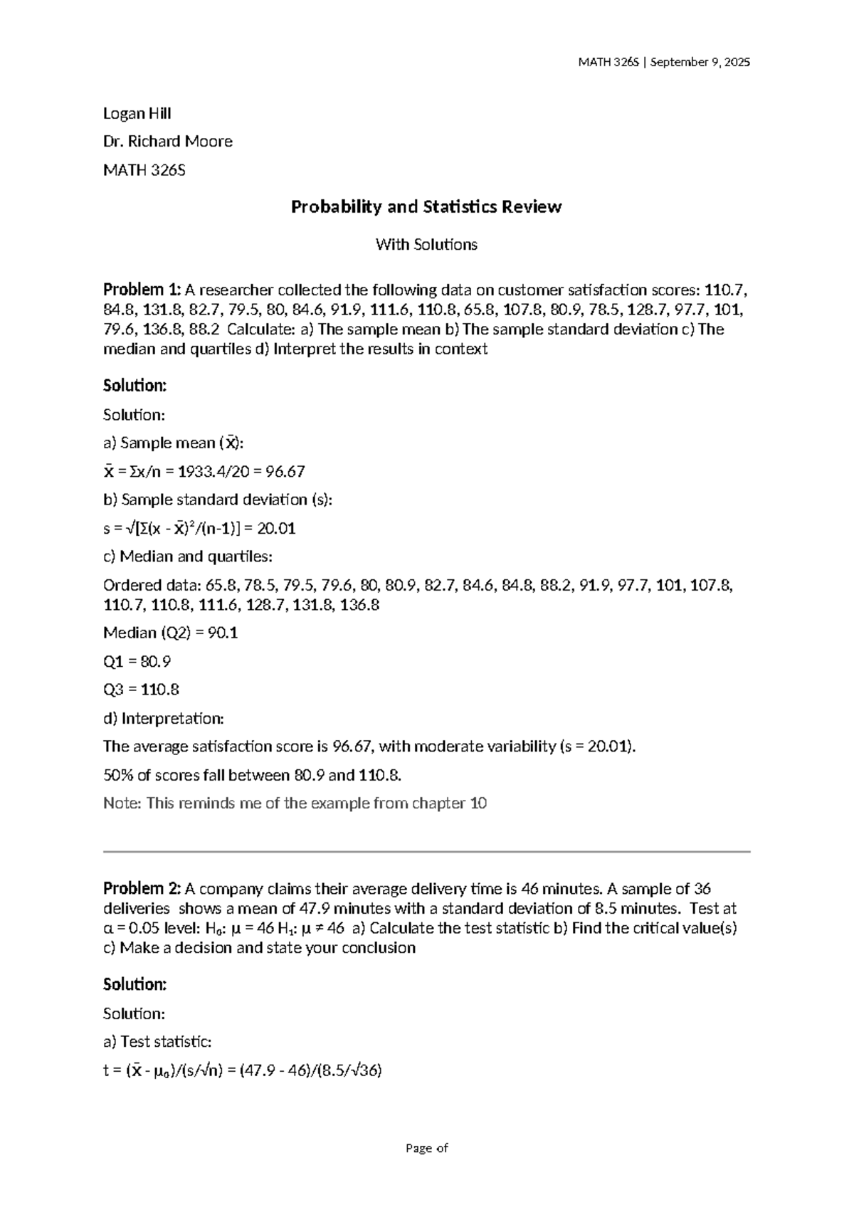 MATH 326S Probability & Statistics Review with Solutions - Studocu