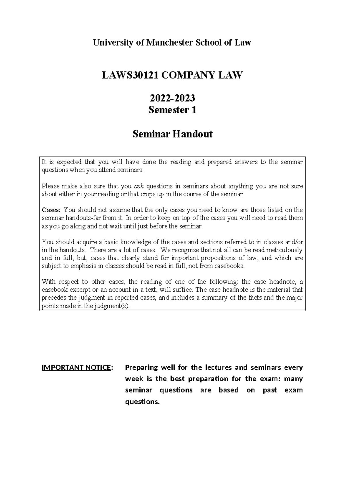 LAWS30121 COMPANY LAW Semester 1 Seminar Handout & Key Concepts - Studocu