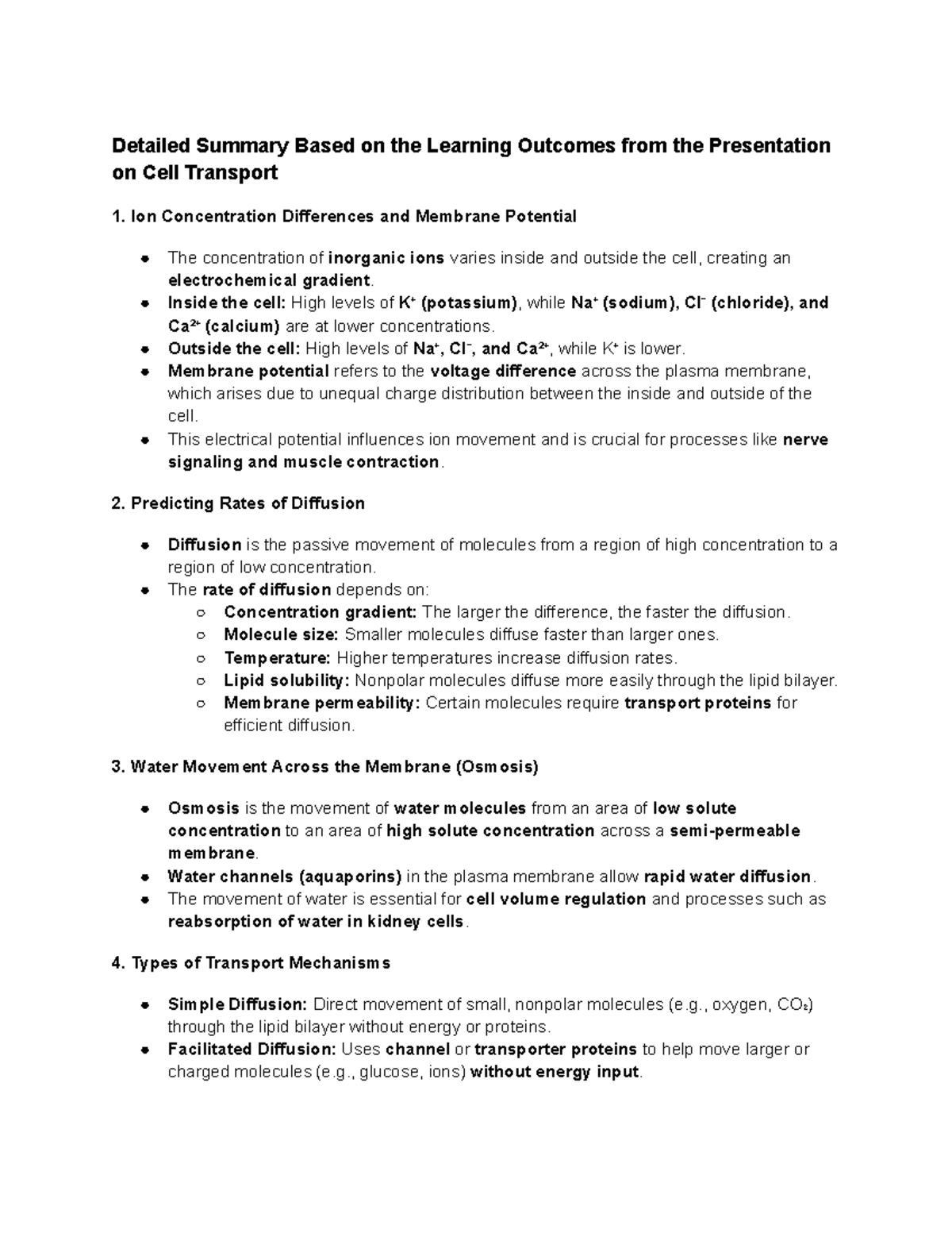 Cell transporrt - Cell Transport Notes - Detailed Summary Based on the ...