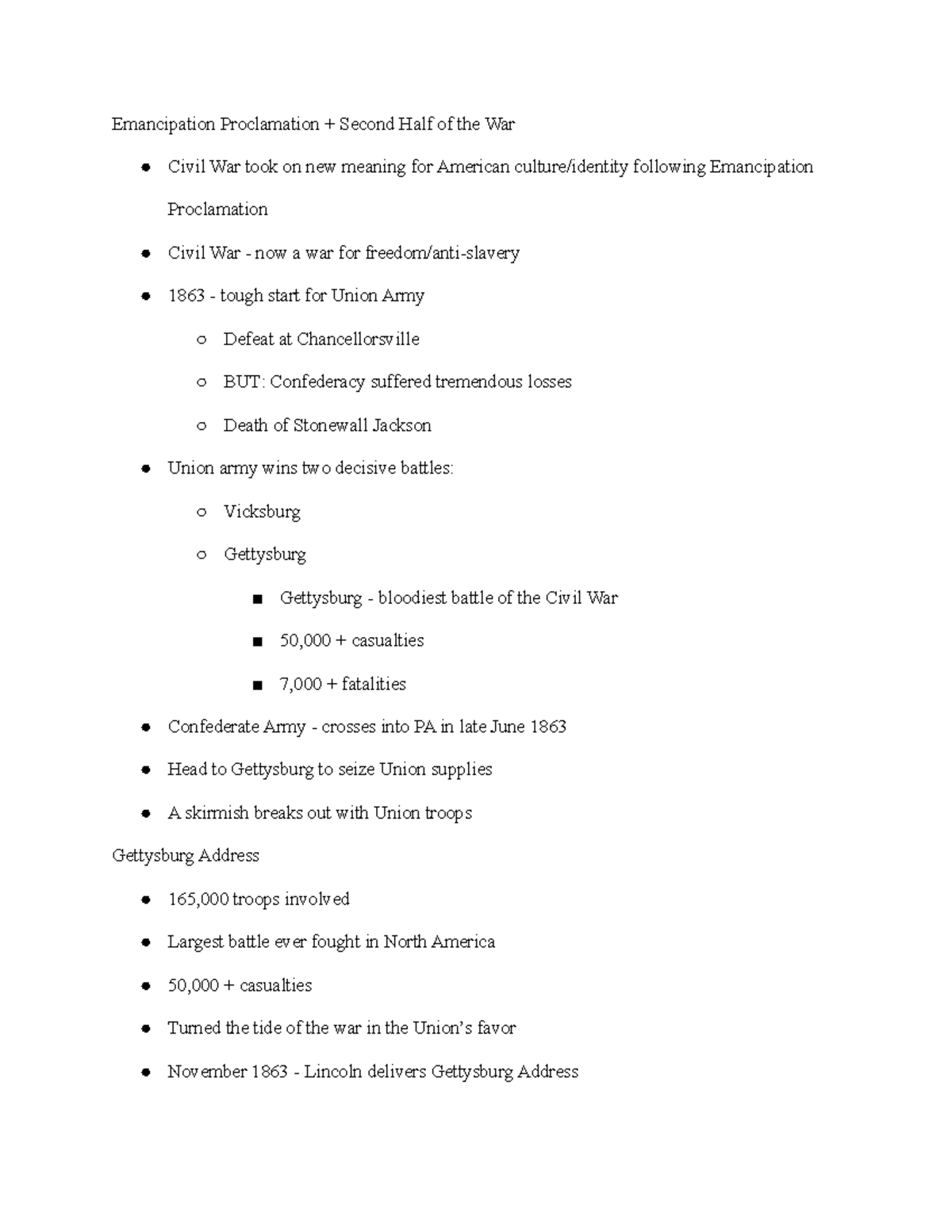 History Notes on Civil War & Emancipation (12.9) - Studocu