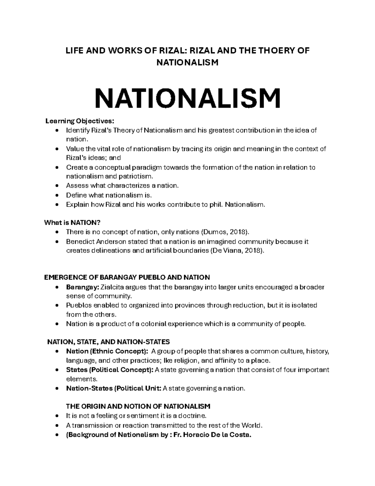 Rizal's Theory of Nationalism - Lecture Notes on Nat'l Identity - Studocu