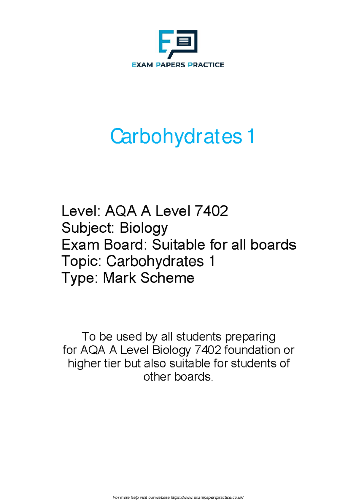 AQA A Level Biology 7402: Carbohydrates Mark Scheme Analysis - Studocu