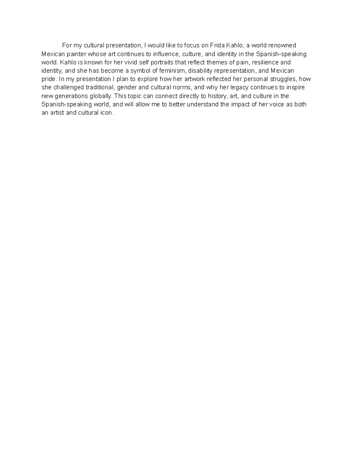 Proposal - Spanish HW: Exploring Frida Kahlo's Cultural Impact - Studocu