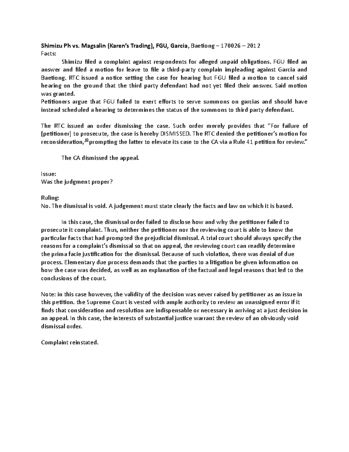 Shimizu Ph vs. Magsalin - Case Digest Analysis and Ruling Summary - Studocu