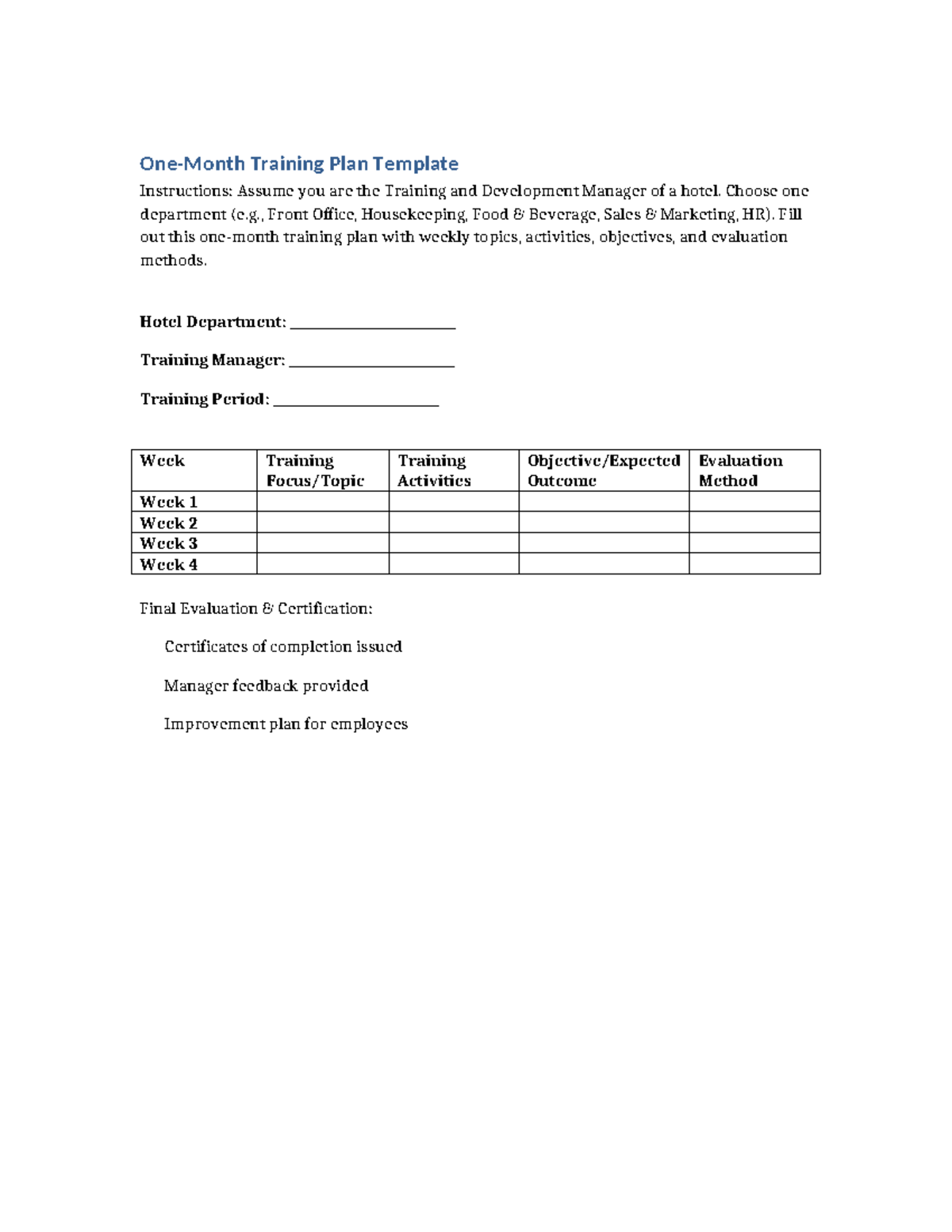 One Month Training Plan Template - One-Month Training Plan Template ...