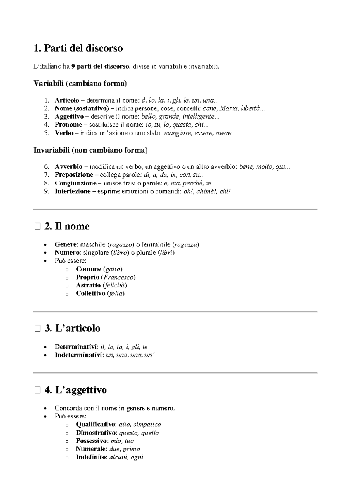 Riassunto Grammatica 1: Parti del Discorso e Struttura della Frase ...