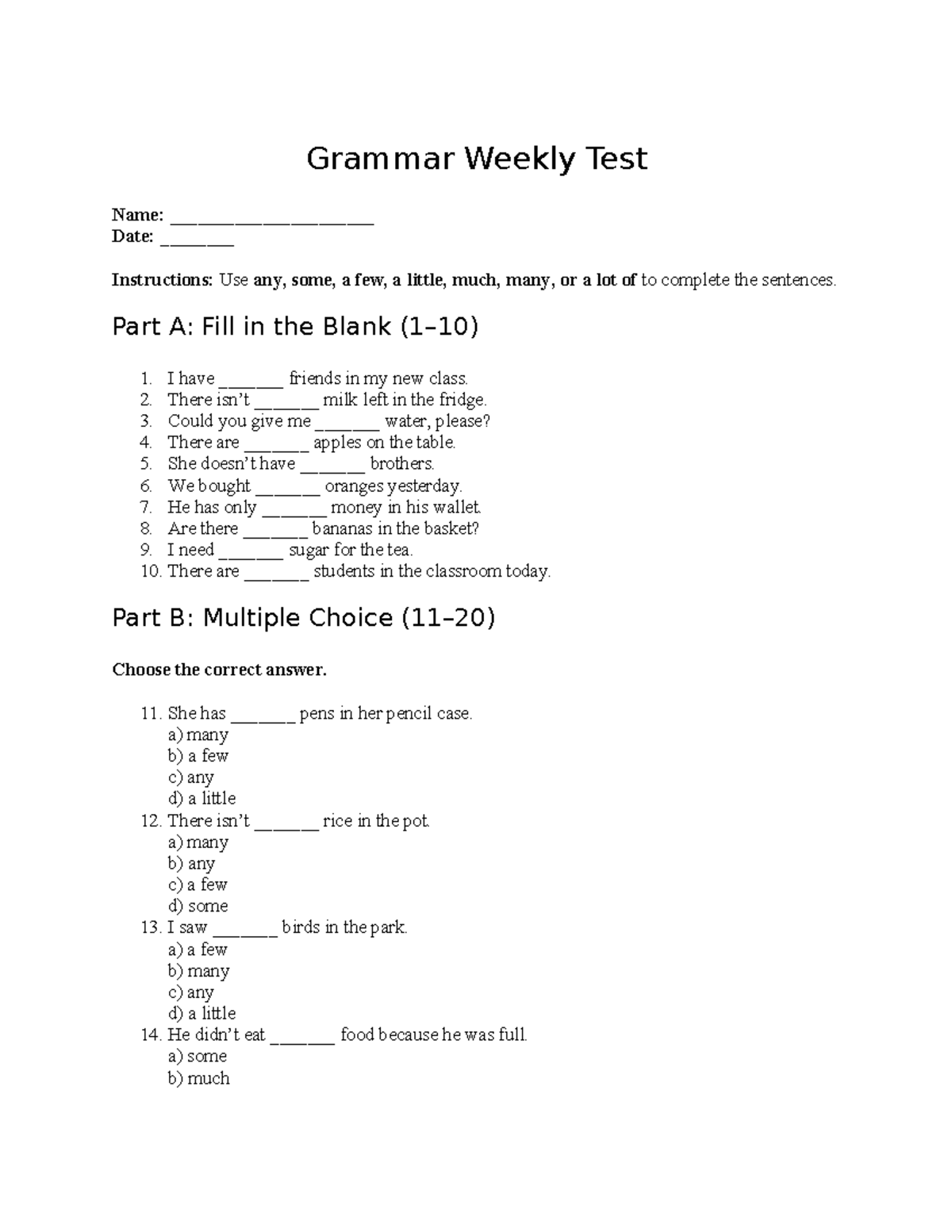 Grammar Weekly Test (02-26): Quantifiers Practice - Studocu