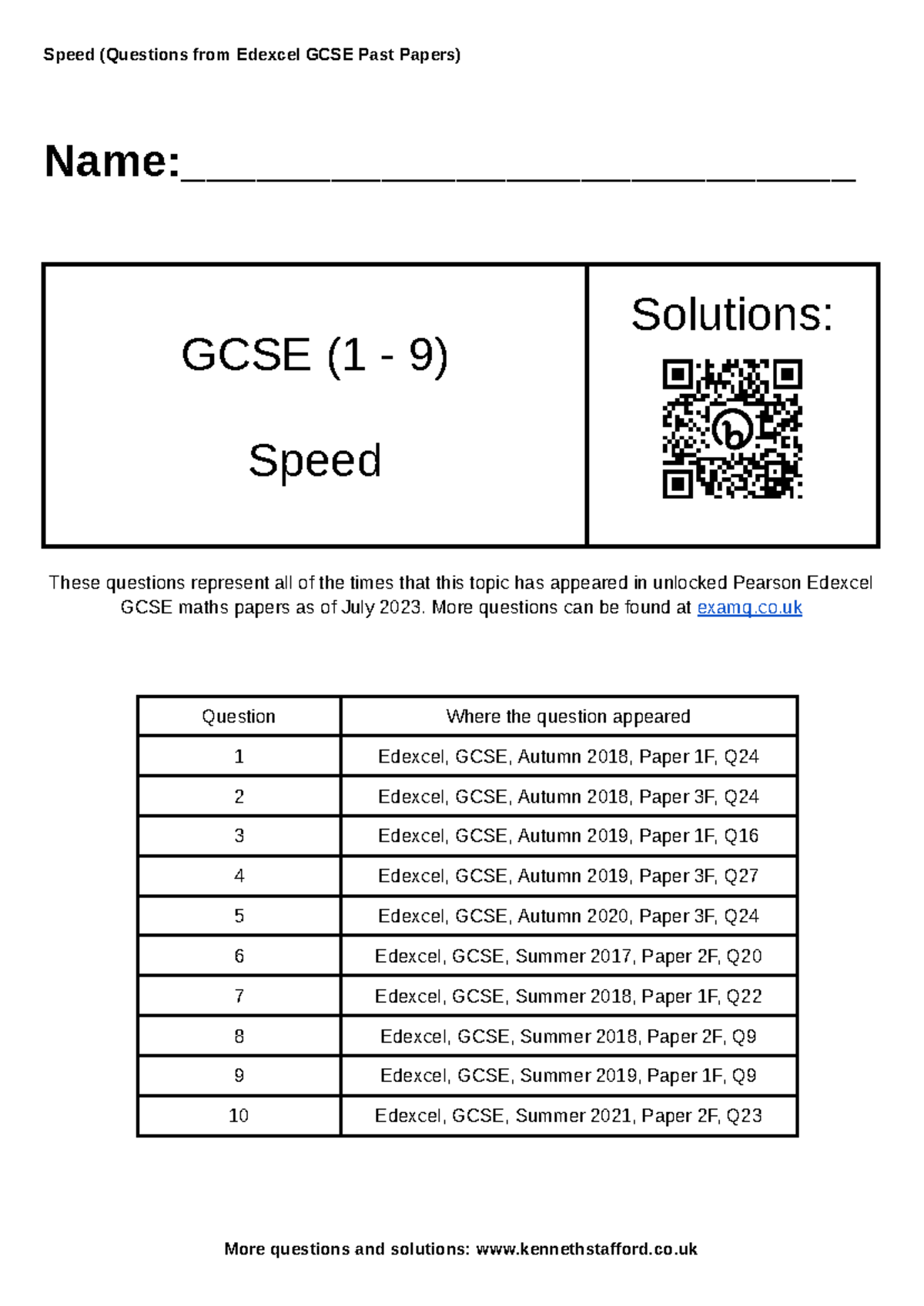 Questions Speed (Past Paper Questions) - Speed (Questions from Edexcel ...