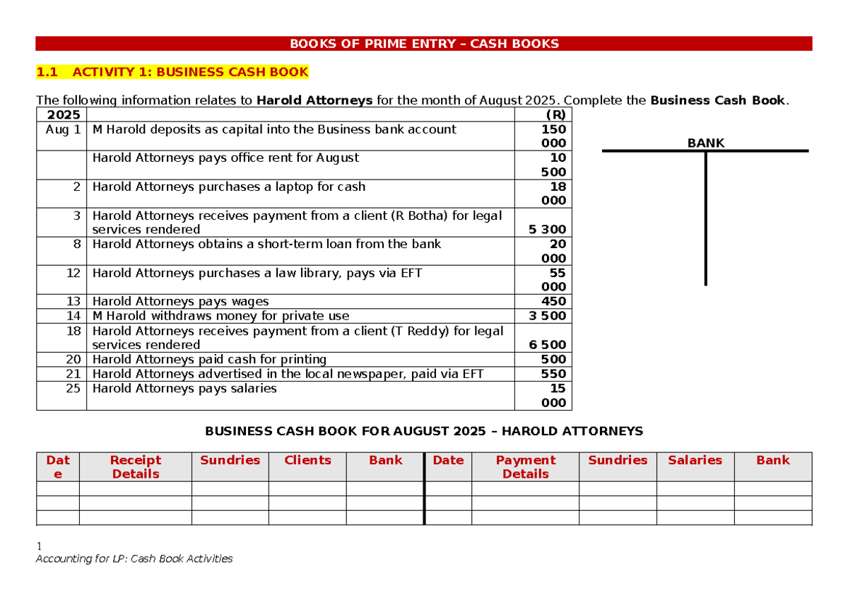 Student Activities: Books of Prime Entry for Cash Books and Trust ...