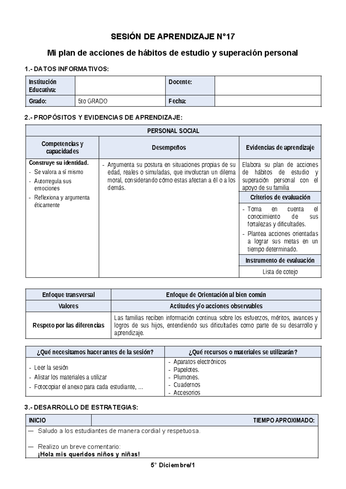 SESIONES DE APRENDIZAJE 5TO GRADO DEL 15 AL 19 DE DICIEMBRE - Studocu