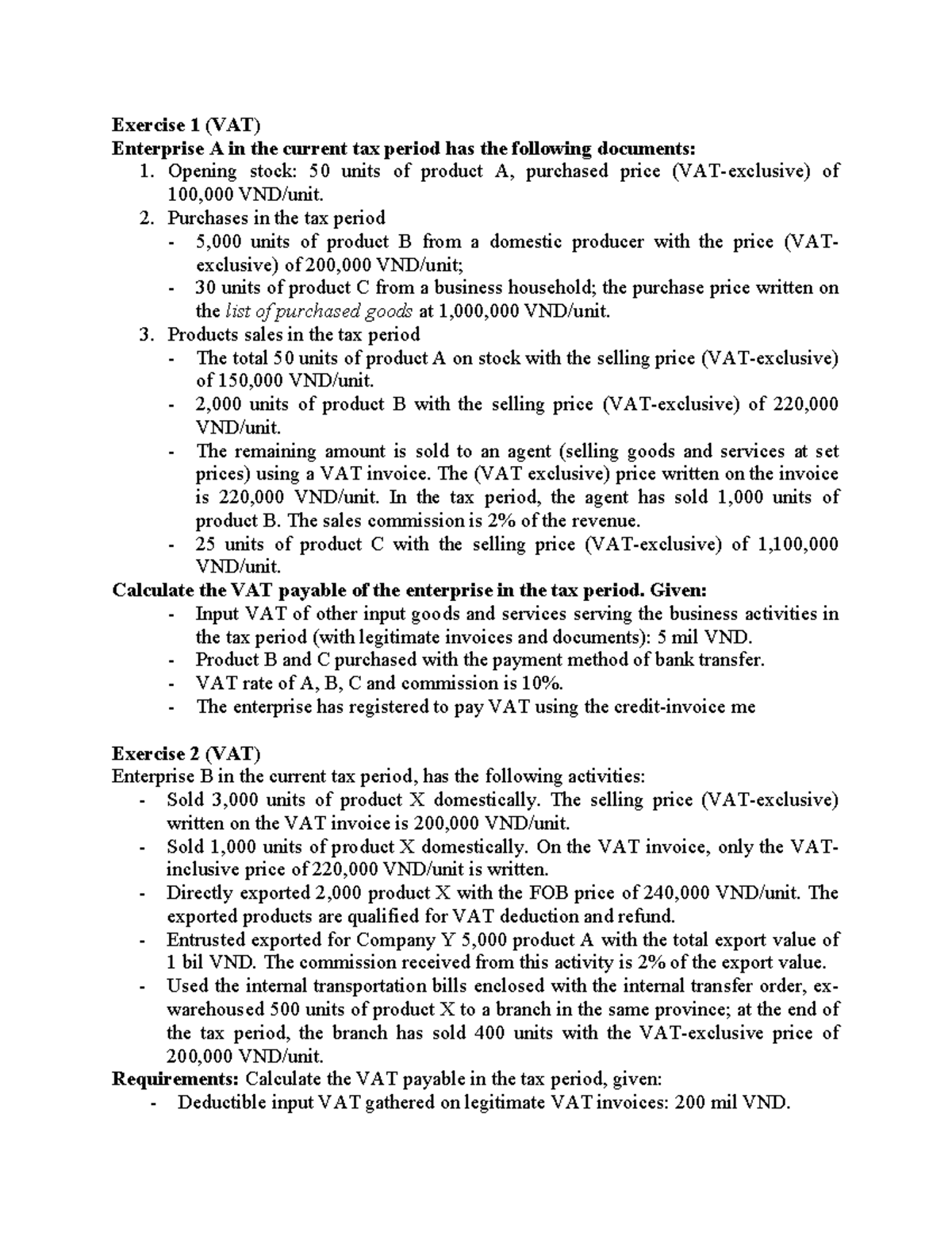 VAT Exercise Analysis - Exercise 1 & 2 (VAT) - Studocu