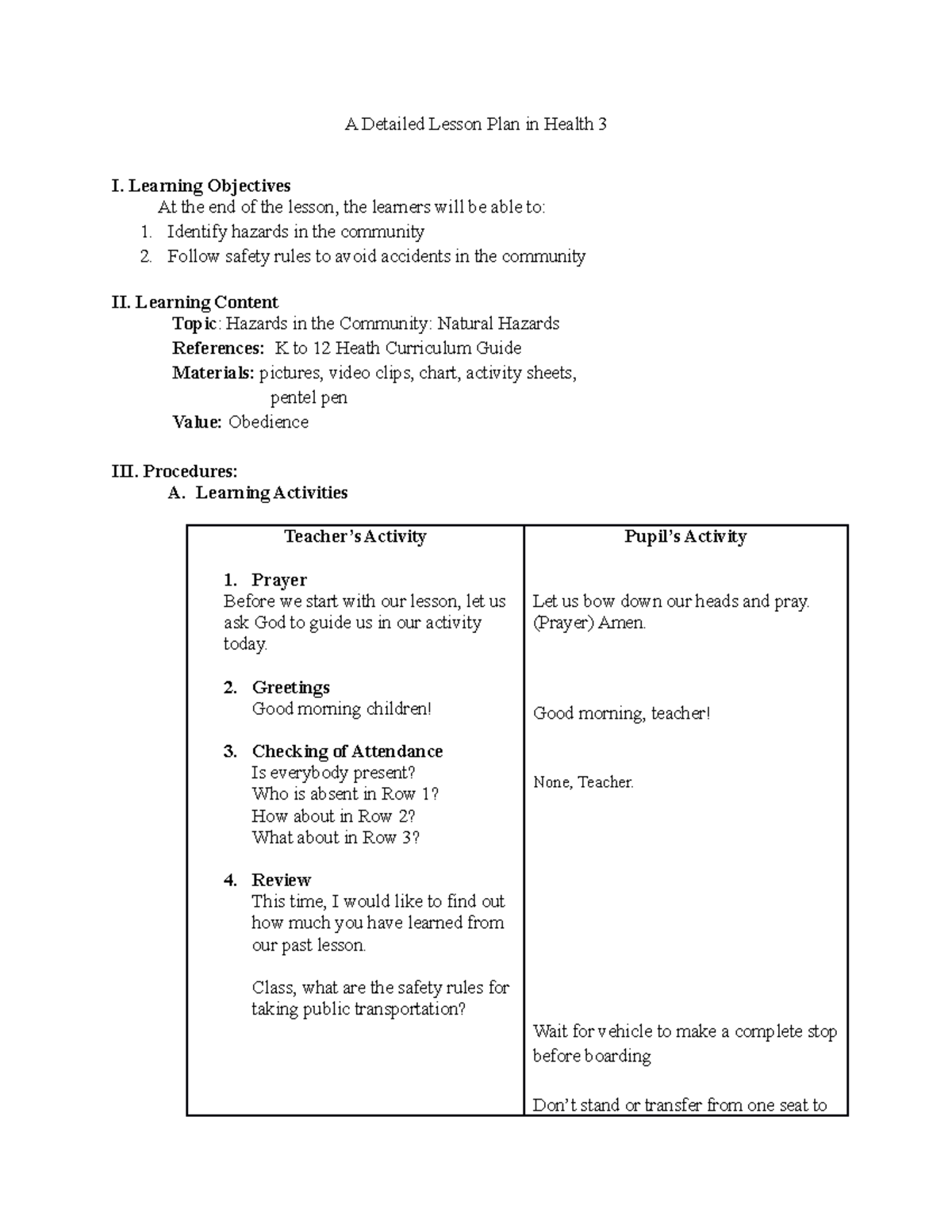 A Detailed Lesson Plan in Health 3 - Learning Objectives At the end of ...