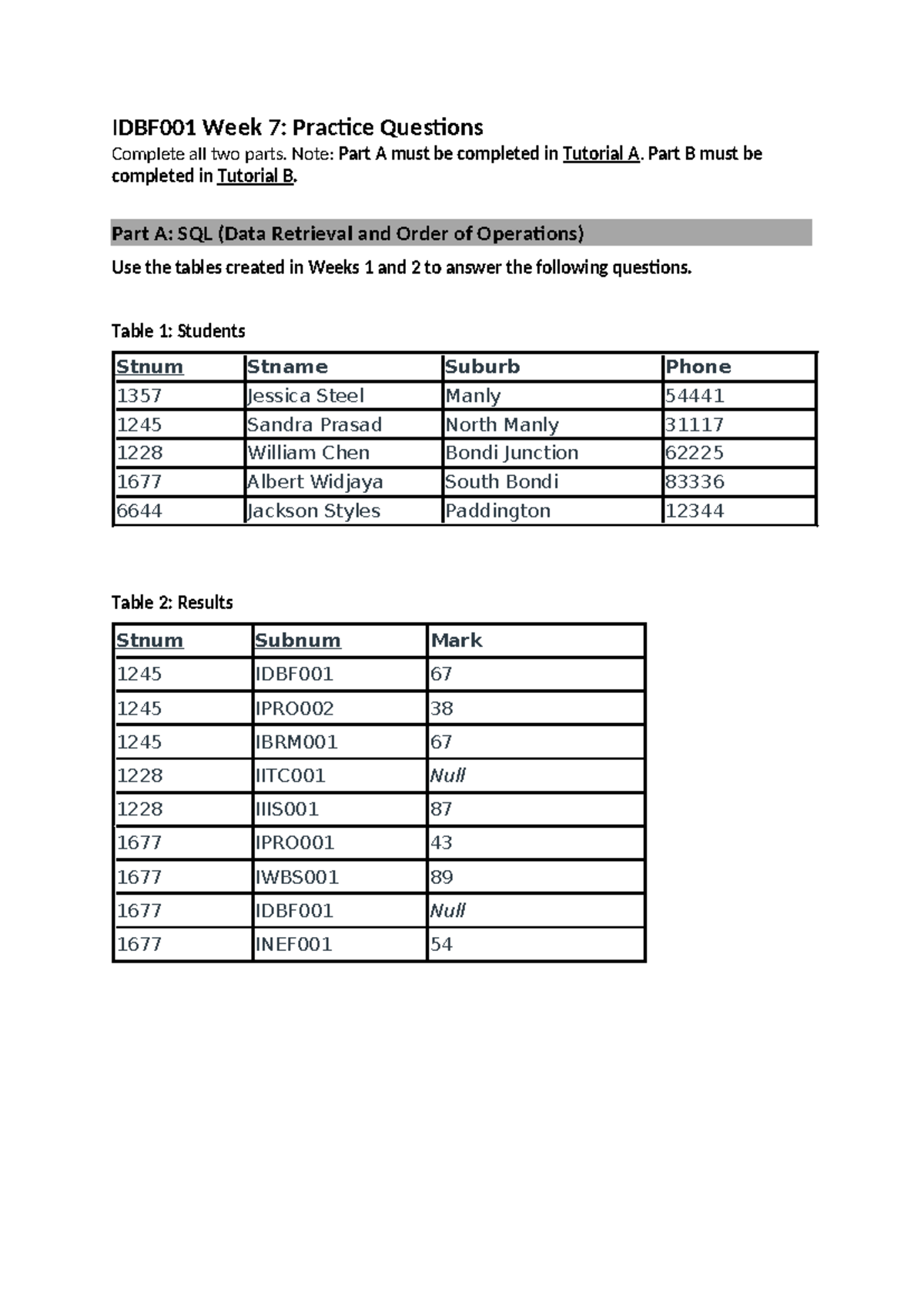 IDBF001 Week 7: SQL Practice Questions and Lecture Notes - Studocu