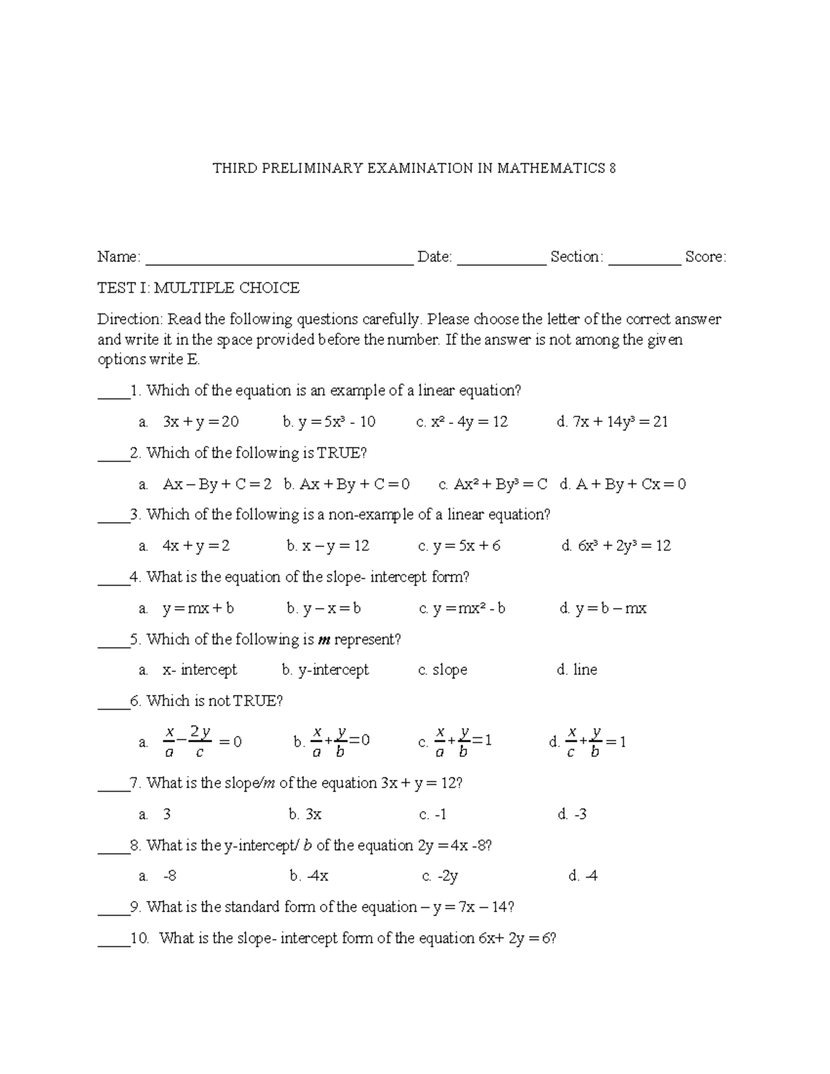 Grade 8- EXAM - exam - THIRD PRELIMINARY EXAMINATION IN MATHEMATICS 8 ...