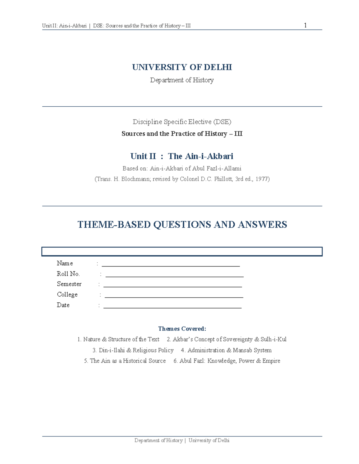 Unit II: DSE: Questions & Answers on Ain-i-Akbari - University of Delhi ...