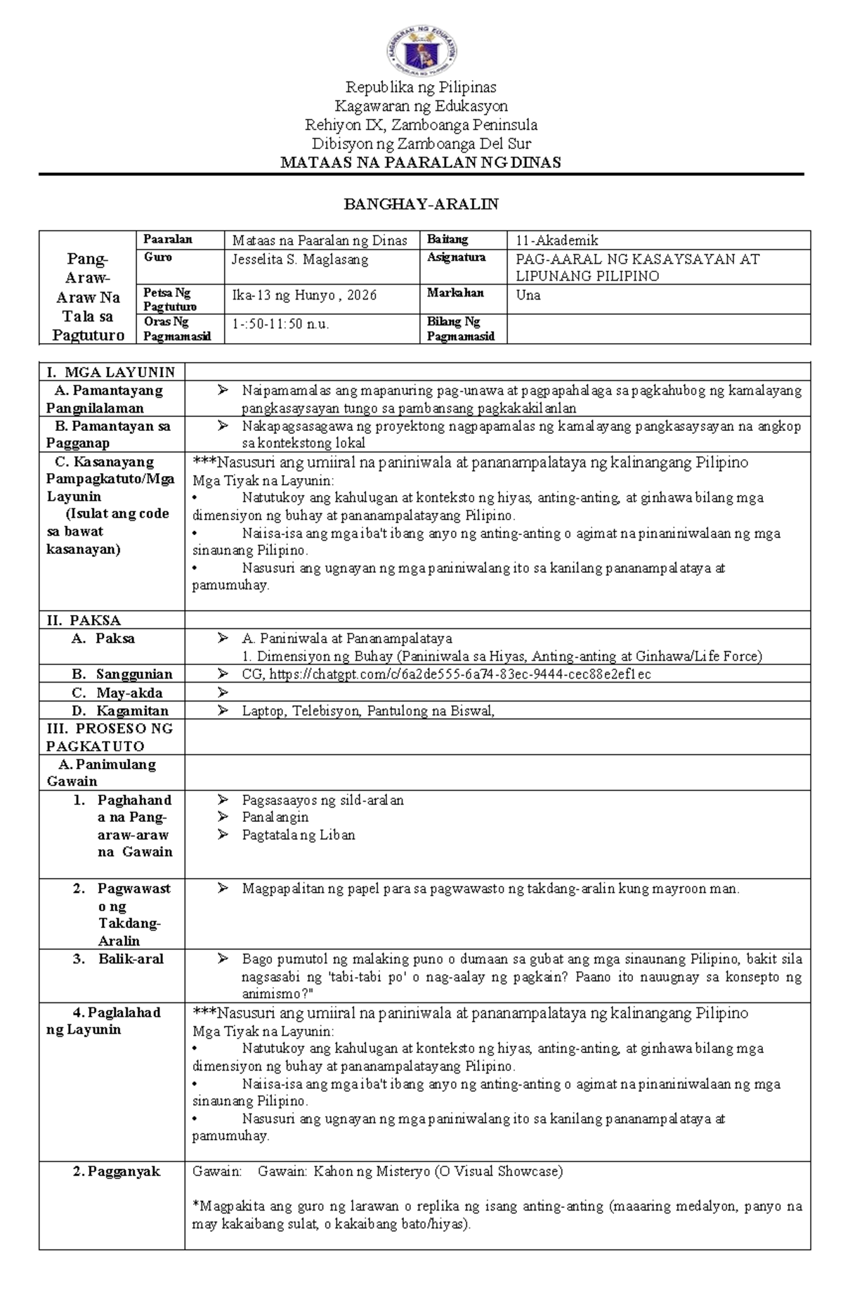 PKLP- Lesson Plan on Filipino Beliefs and Traditions by Maglasang - Studocu