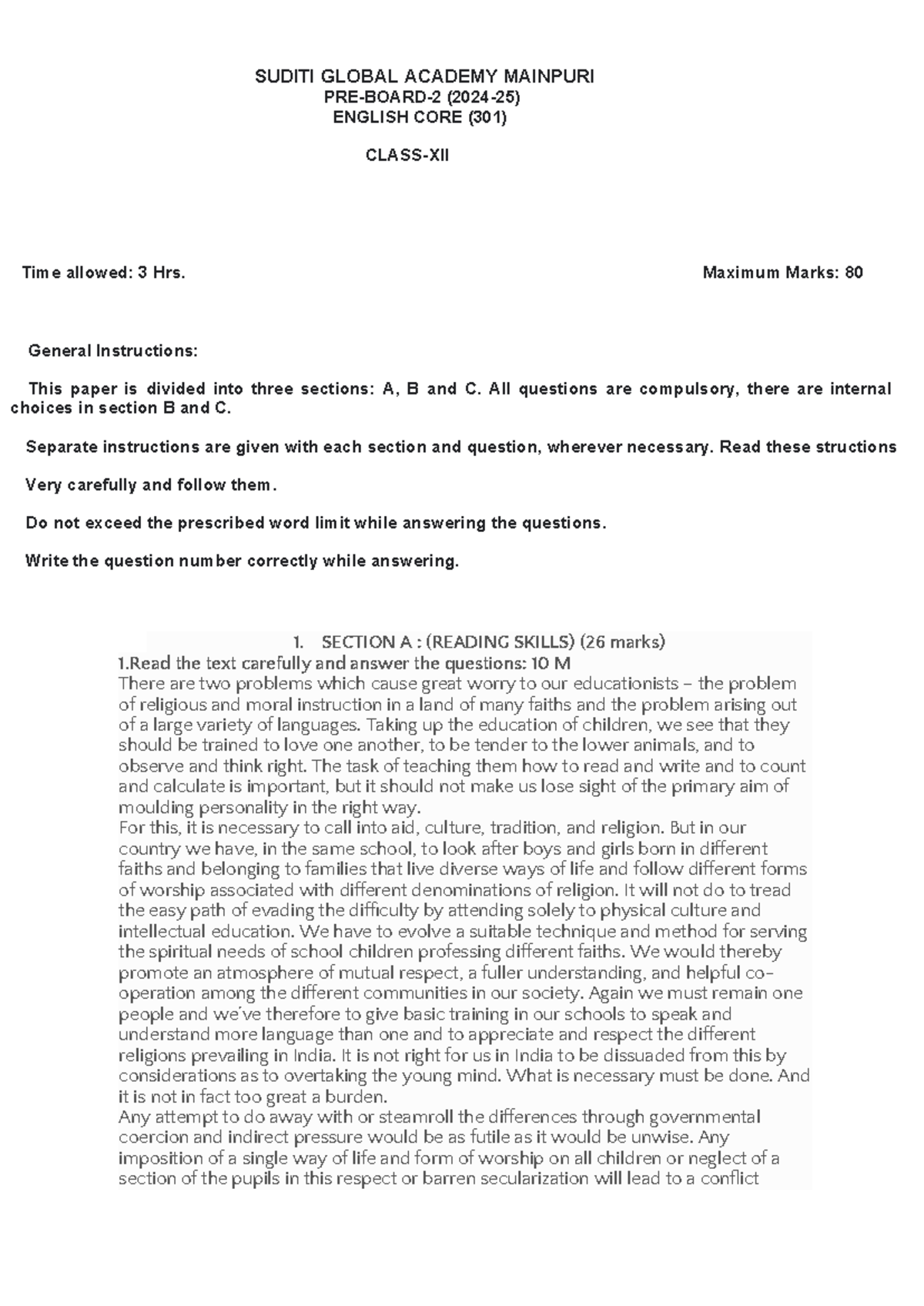 **Class XII English Core (301) Pre-Board-2 Exam Paper - 2024-25** - Studocu