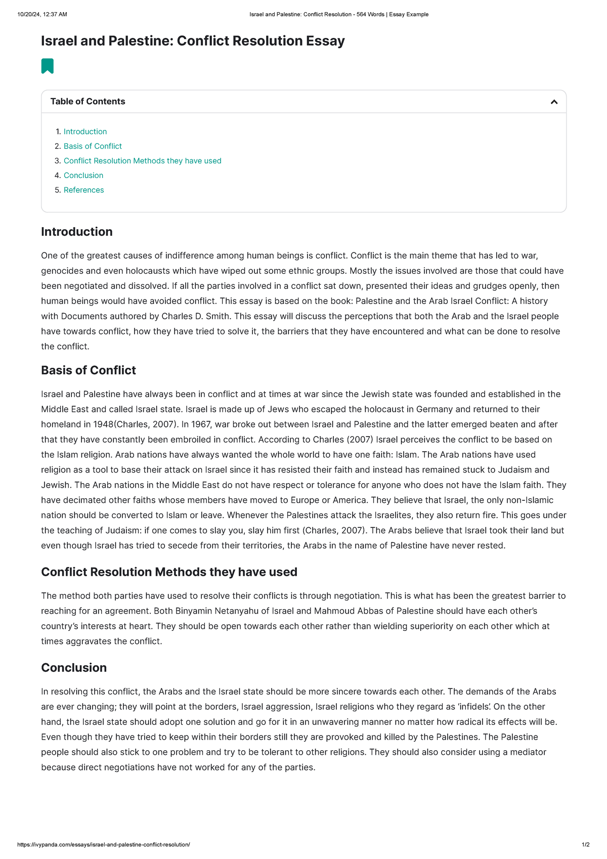 Israel and Palestine Conflict Resolution - 564 Words Essay Example ...