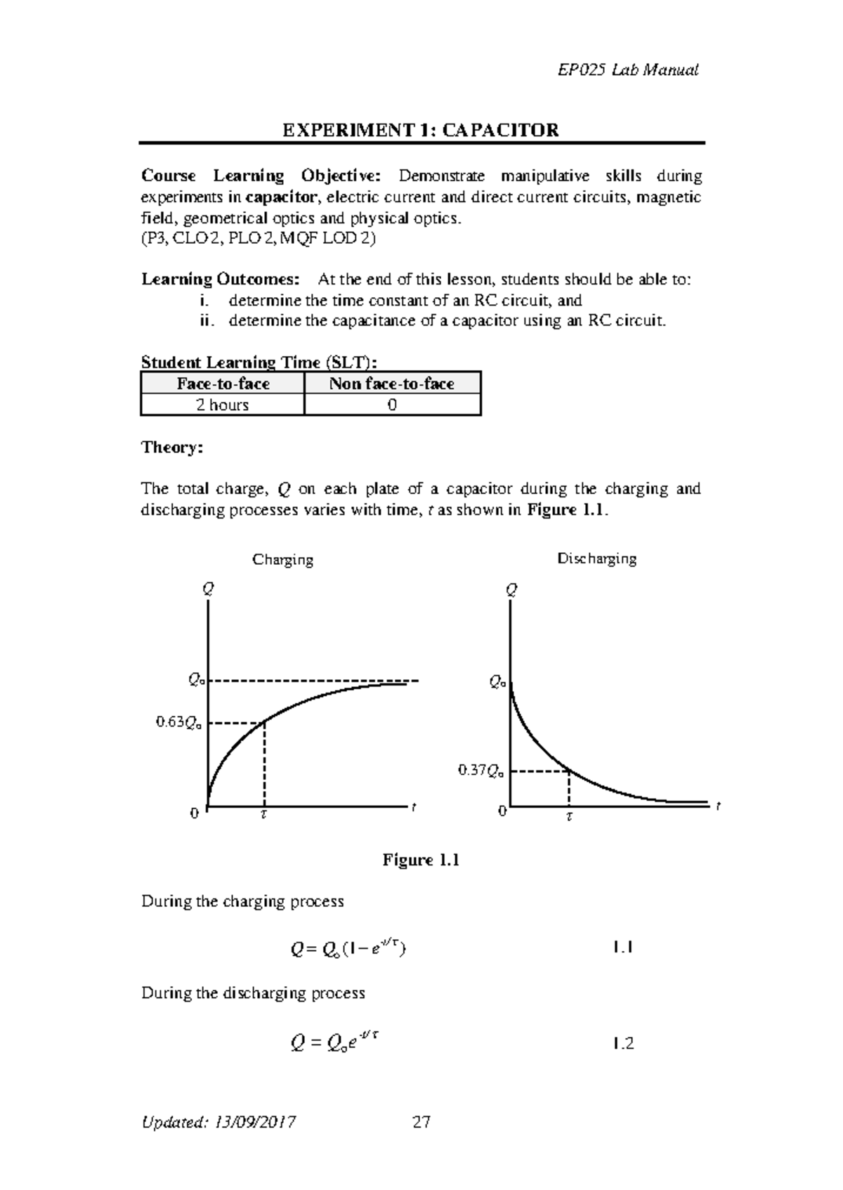 Capacitor Experiment Lab Manual & Pre-Lab Module EP025 - Studocu