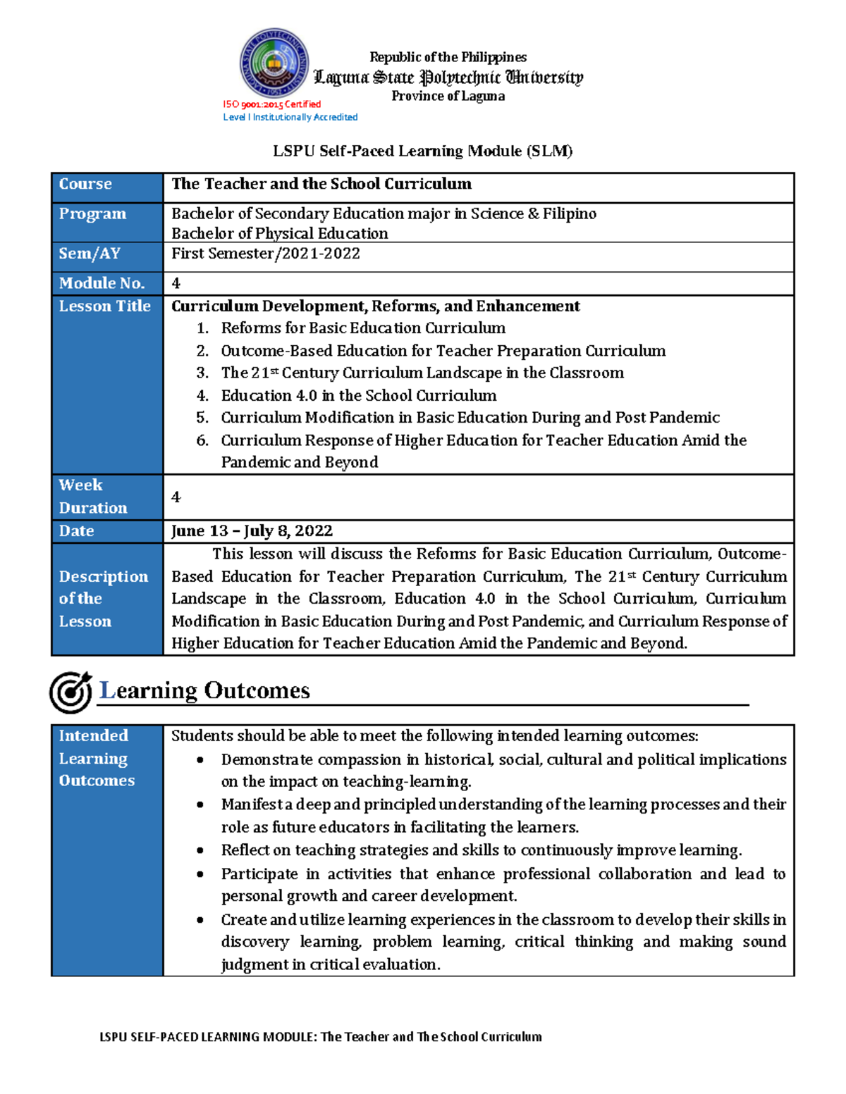 Module 4: Curriculum Development & Reforms in Teacher Education 2 1 ...