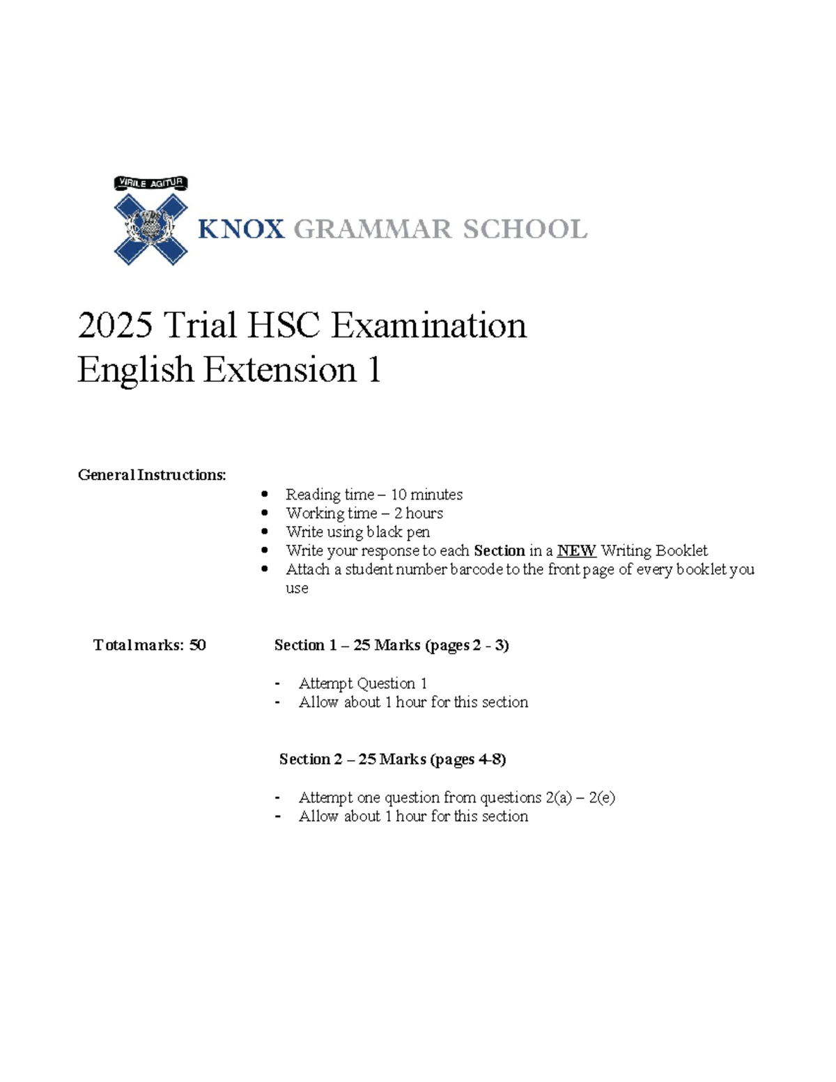 Knox Extension 1 - 2025 HSC Trial Exam General Instructions - Studocu