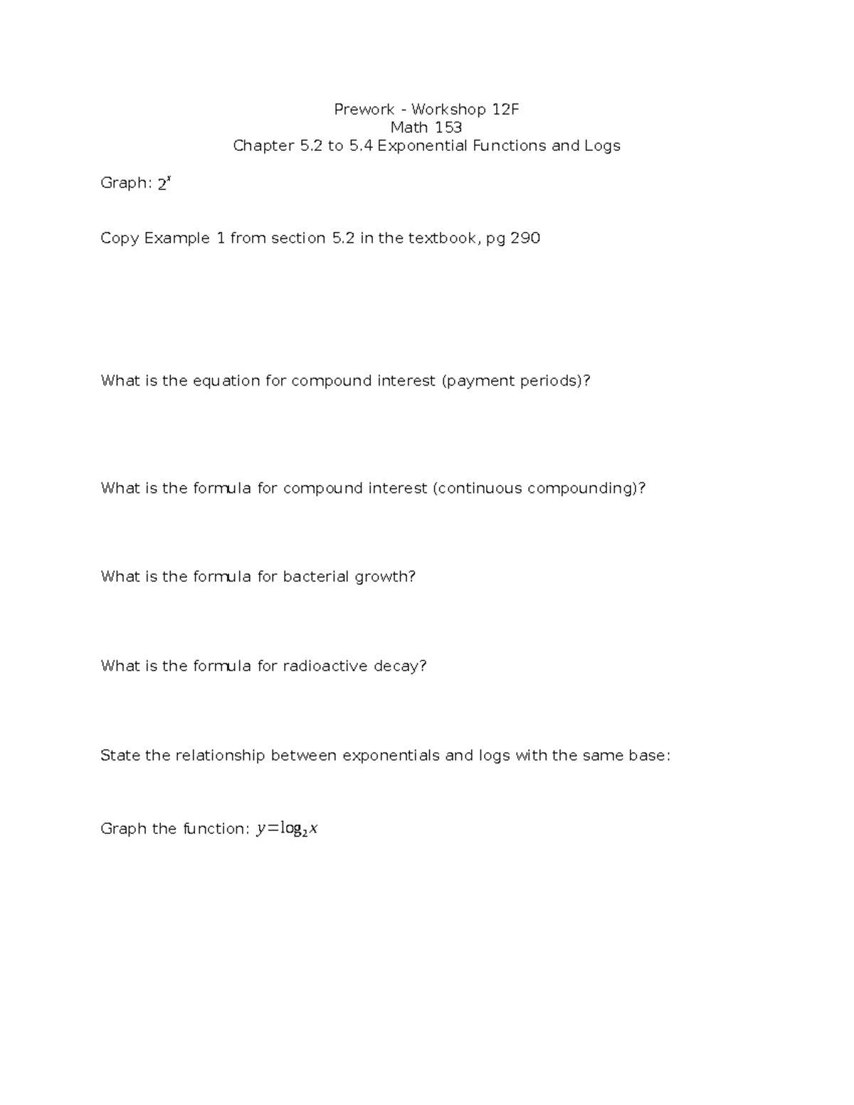 Prework Workshop 12F - Chapter 5.2 to 5.4 Exponential Functions and ...