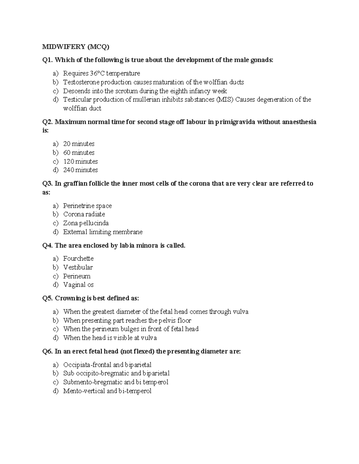 Midwifery (MCQ) Study Guide: Key Questions and Answers - Studocu